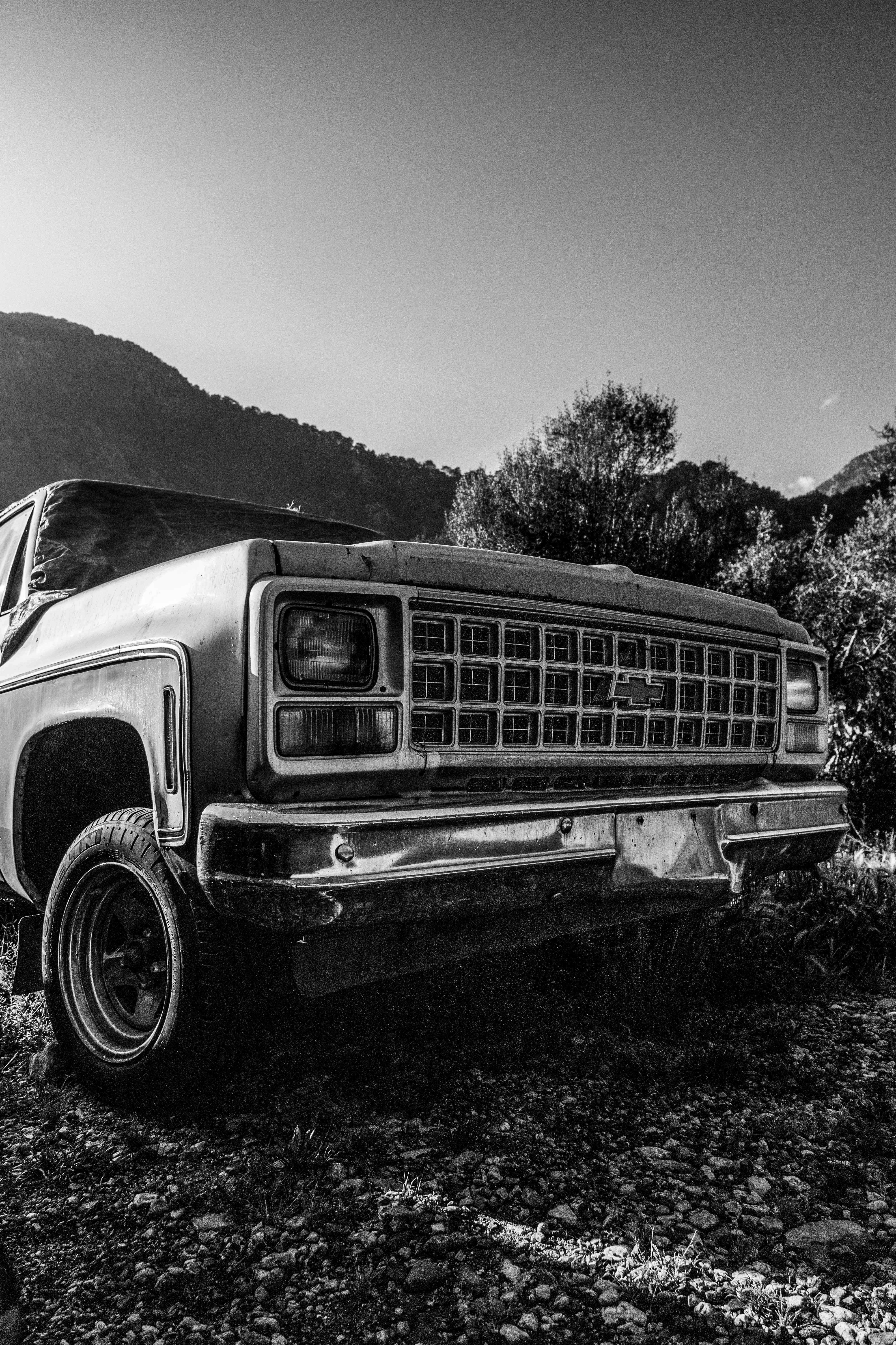 Weathered Cheyenne: A Vintage Truck Resting Among Mountain Shadows