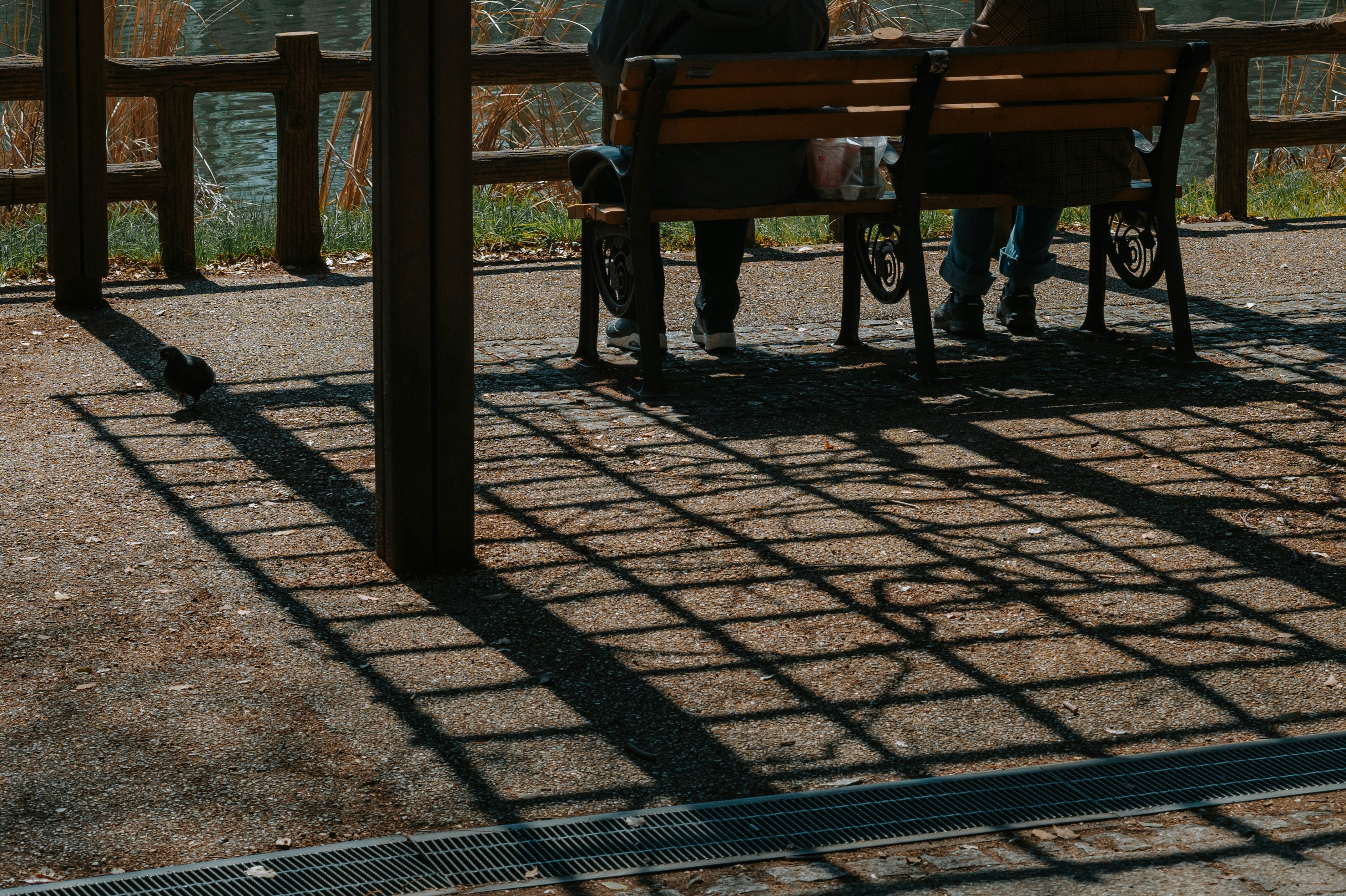 Sunlit bench shadows and distant walkers in a park