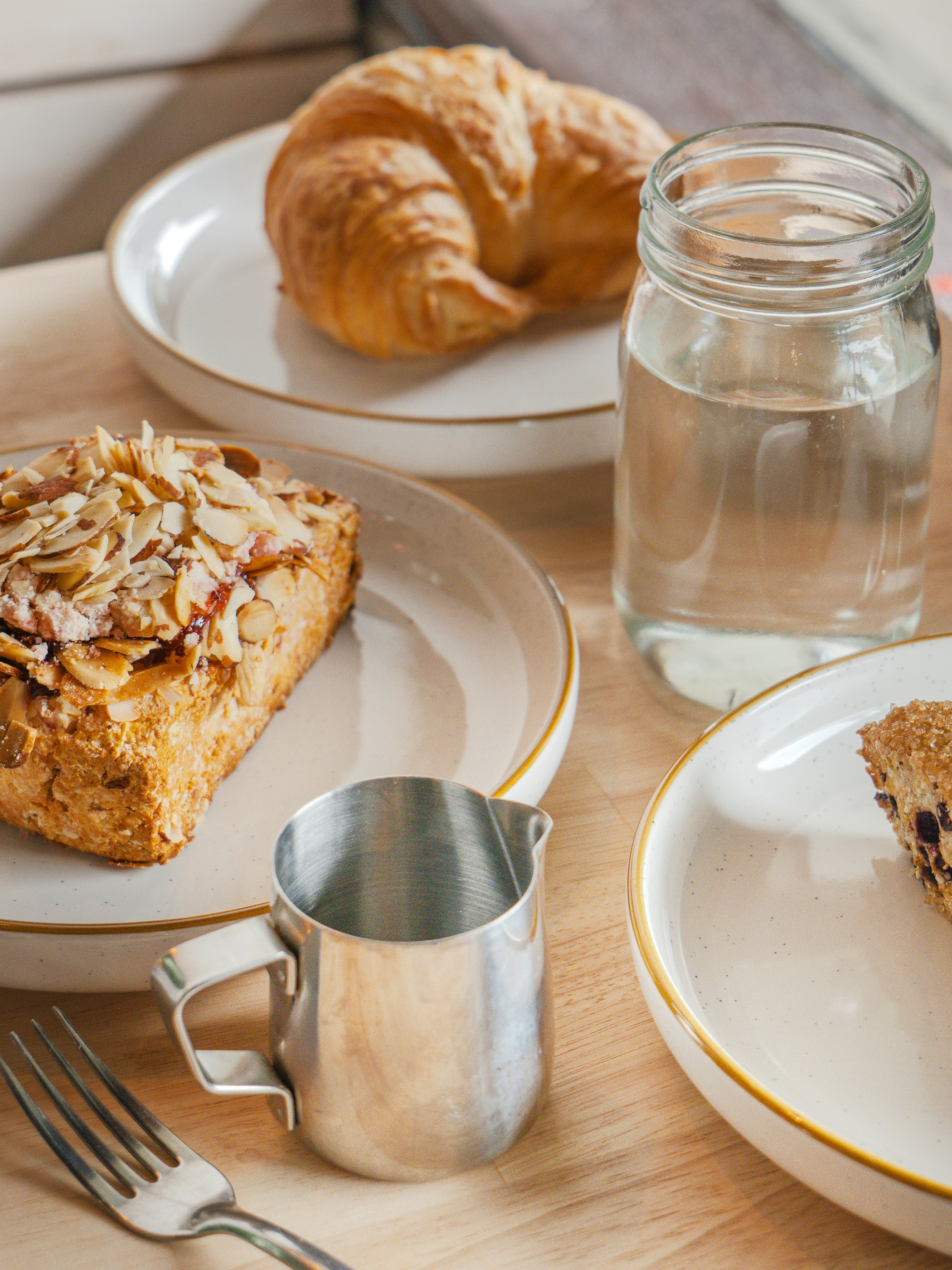 Almond-Topped Morning Slice with Croissant and Mason Jar