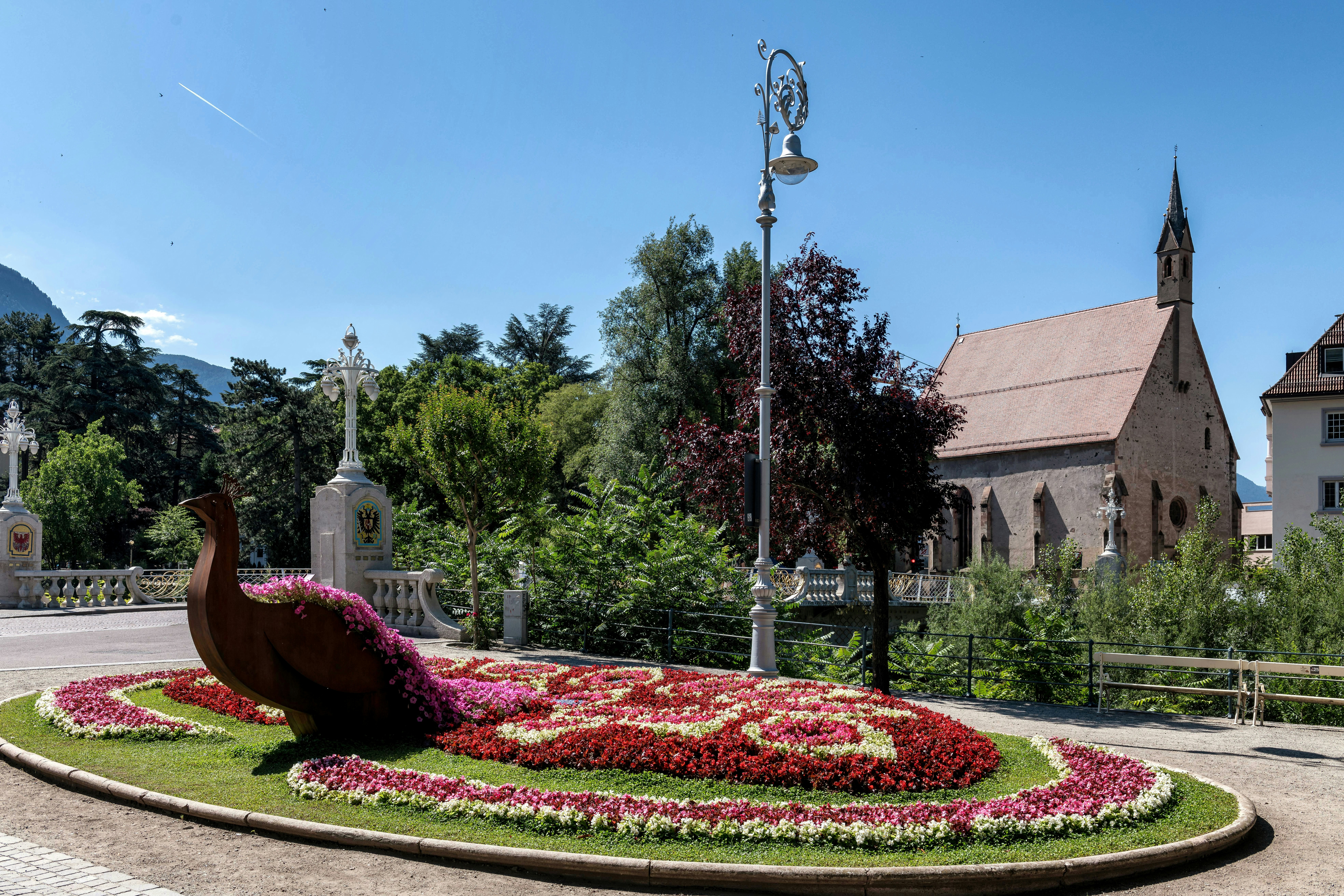 Sculpted Whale Garden: A Sunlit Roundabout Blooming with Pink Petals