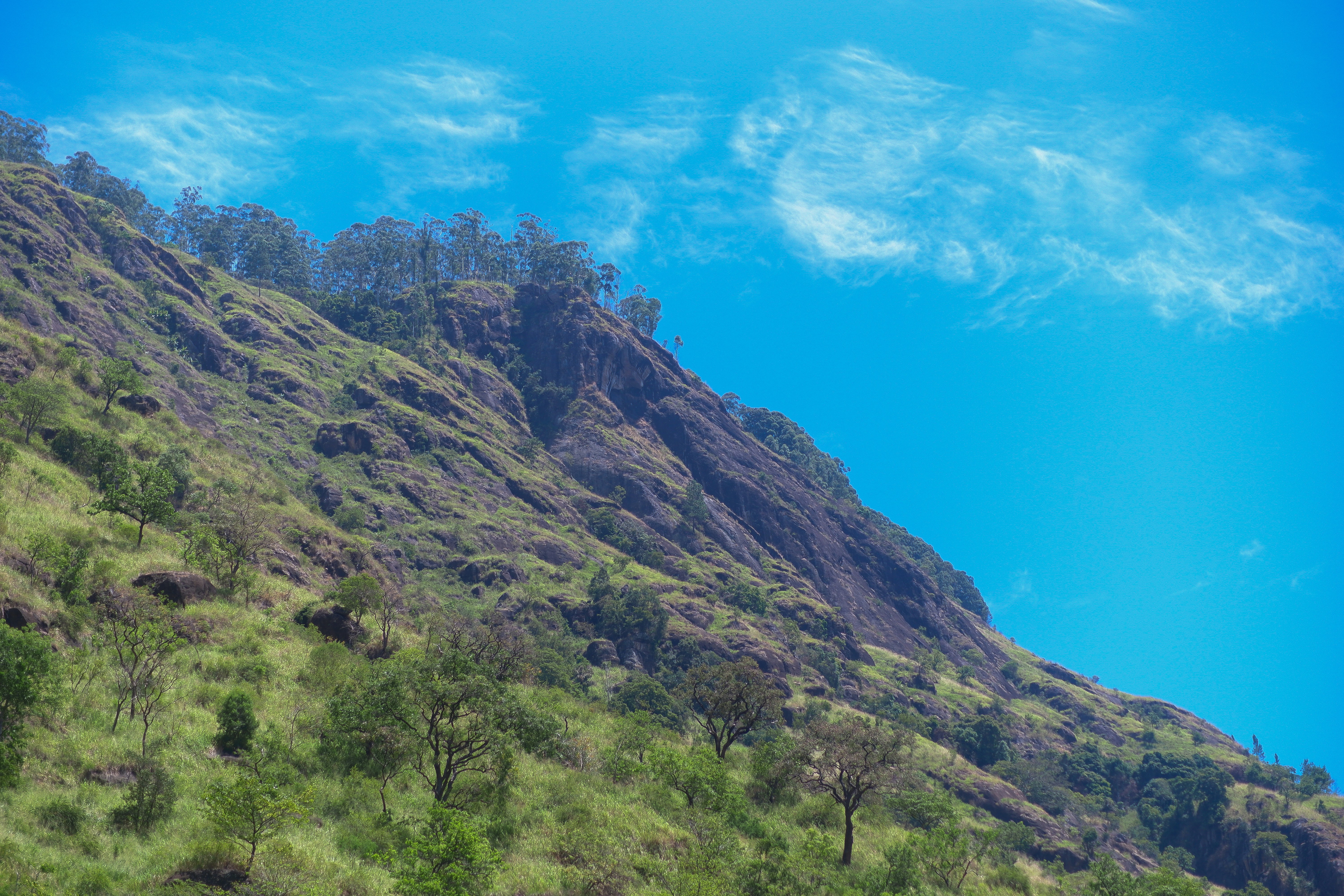 Sunlit Ridge: A Green Castellated Slope Under a Cerulean Sky
