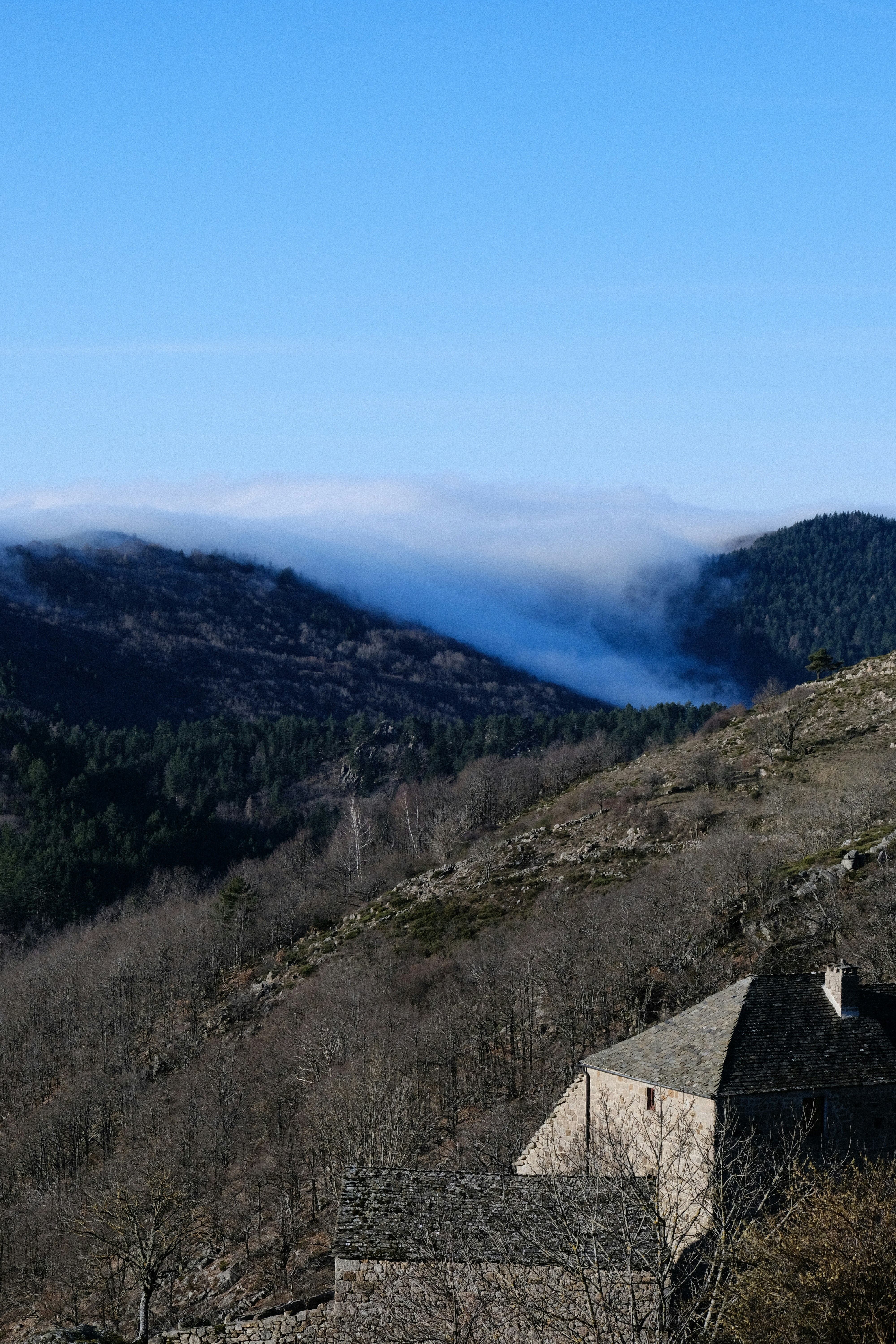 Stone Cottage Uphill Amidst Winter Ridge and Mist