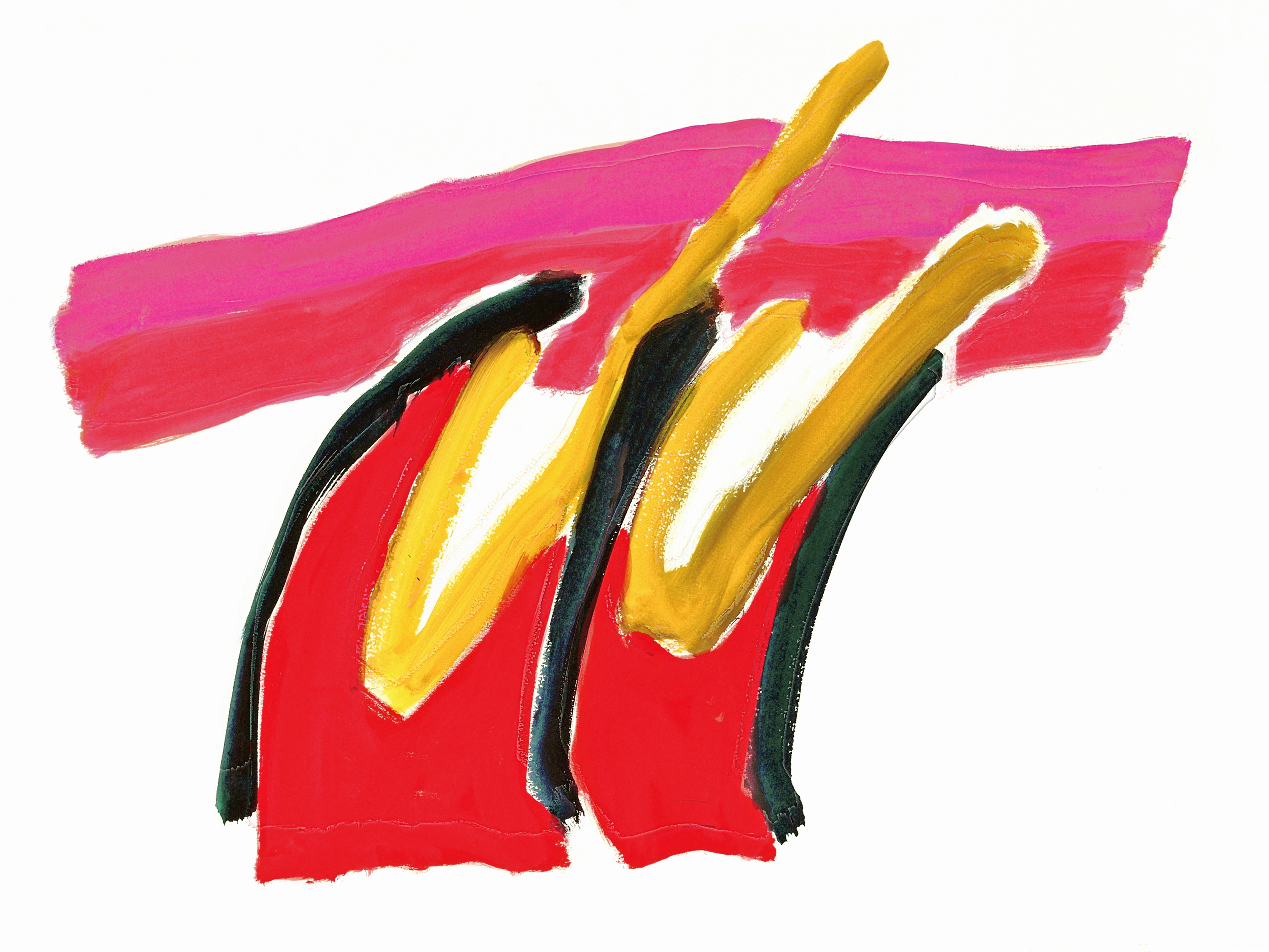 Bold graffiti-like strokes: pink bar over bright red and yellow arcs