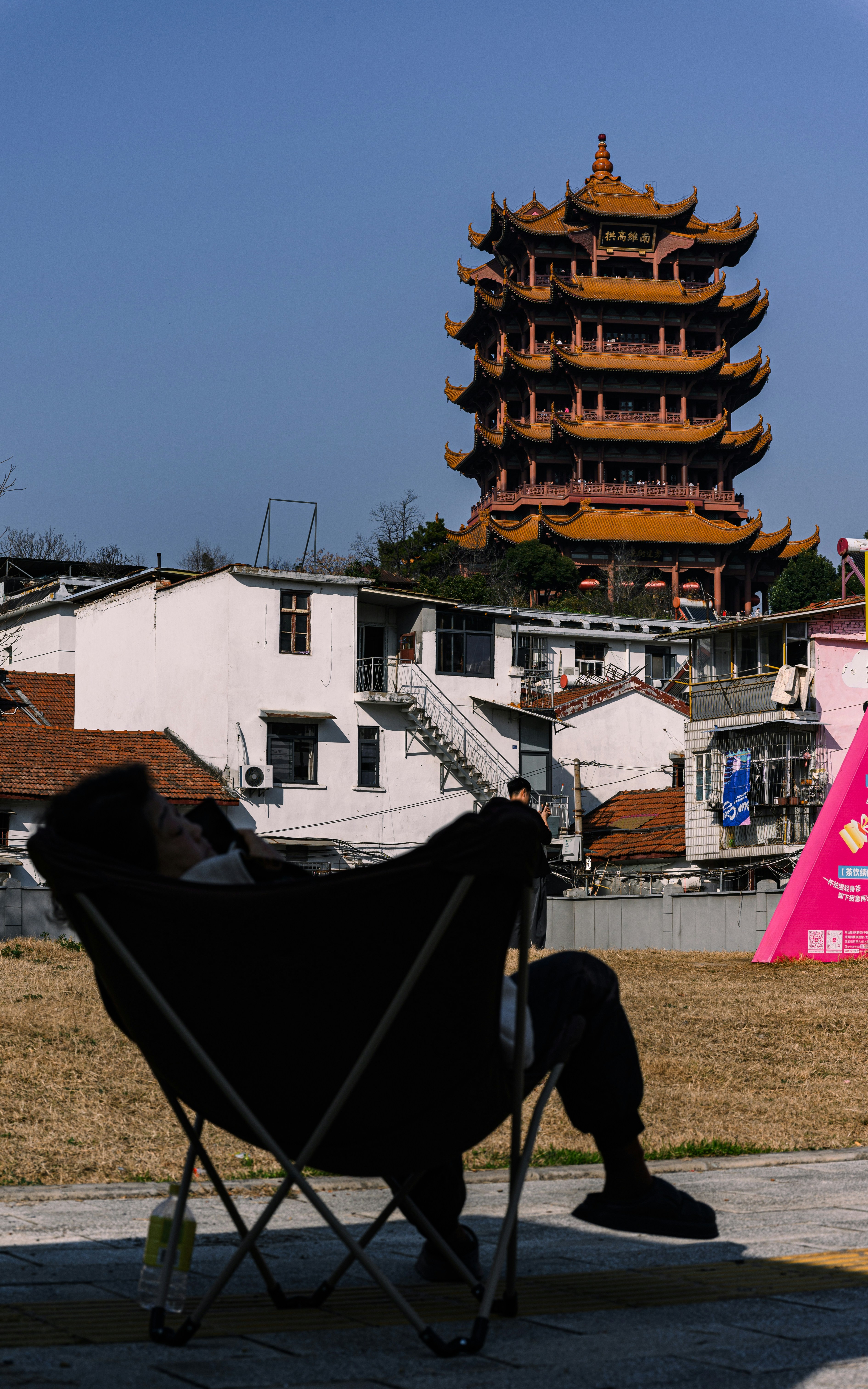 Silent Recline: Shrine Tower Among Quiet Streets