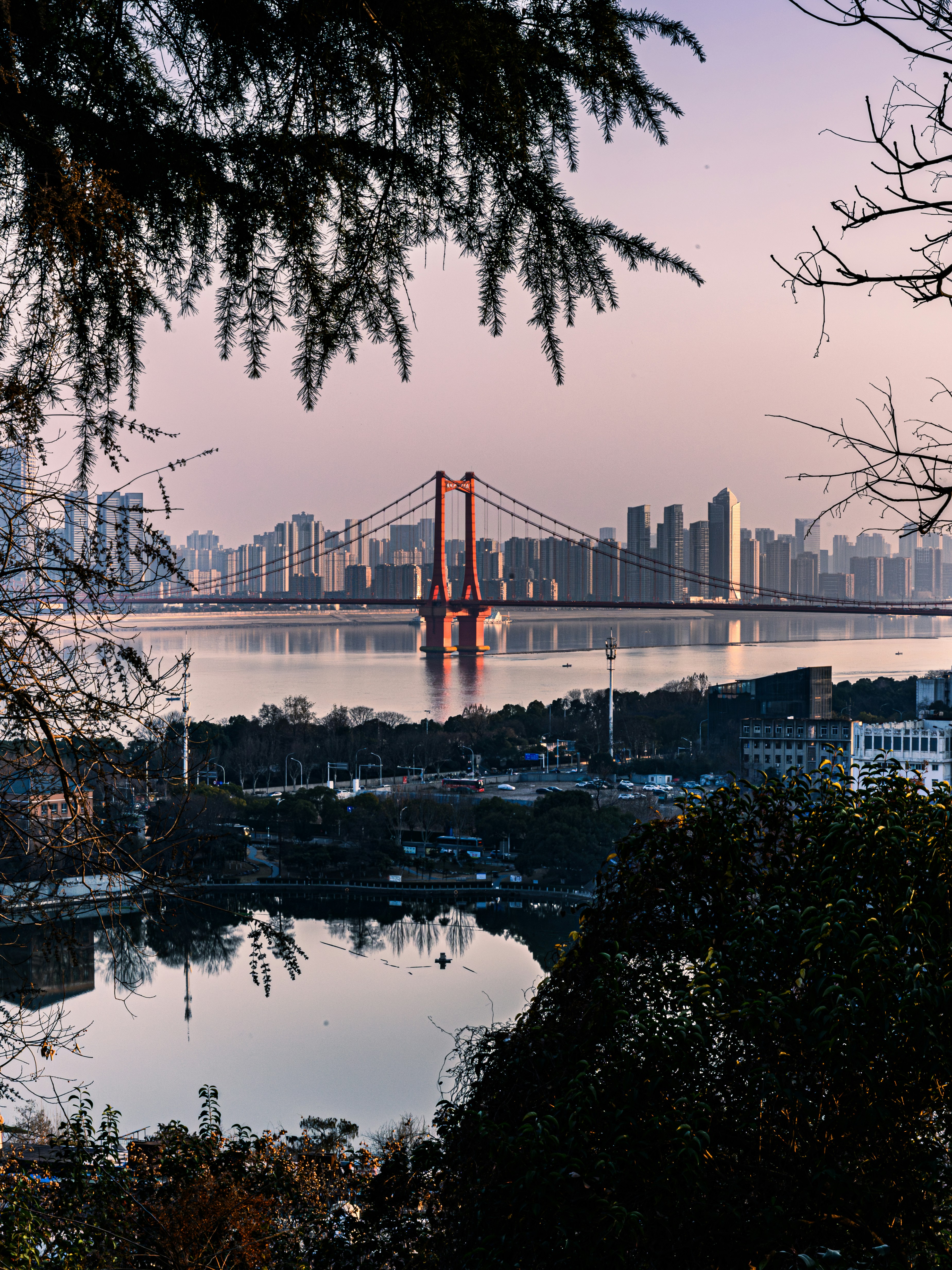 Suspended in Twilight: The Red Cable Bridge Over Calm Waters