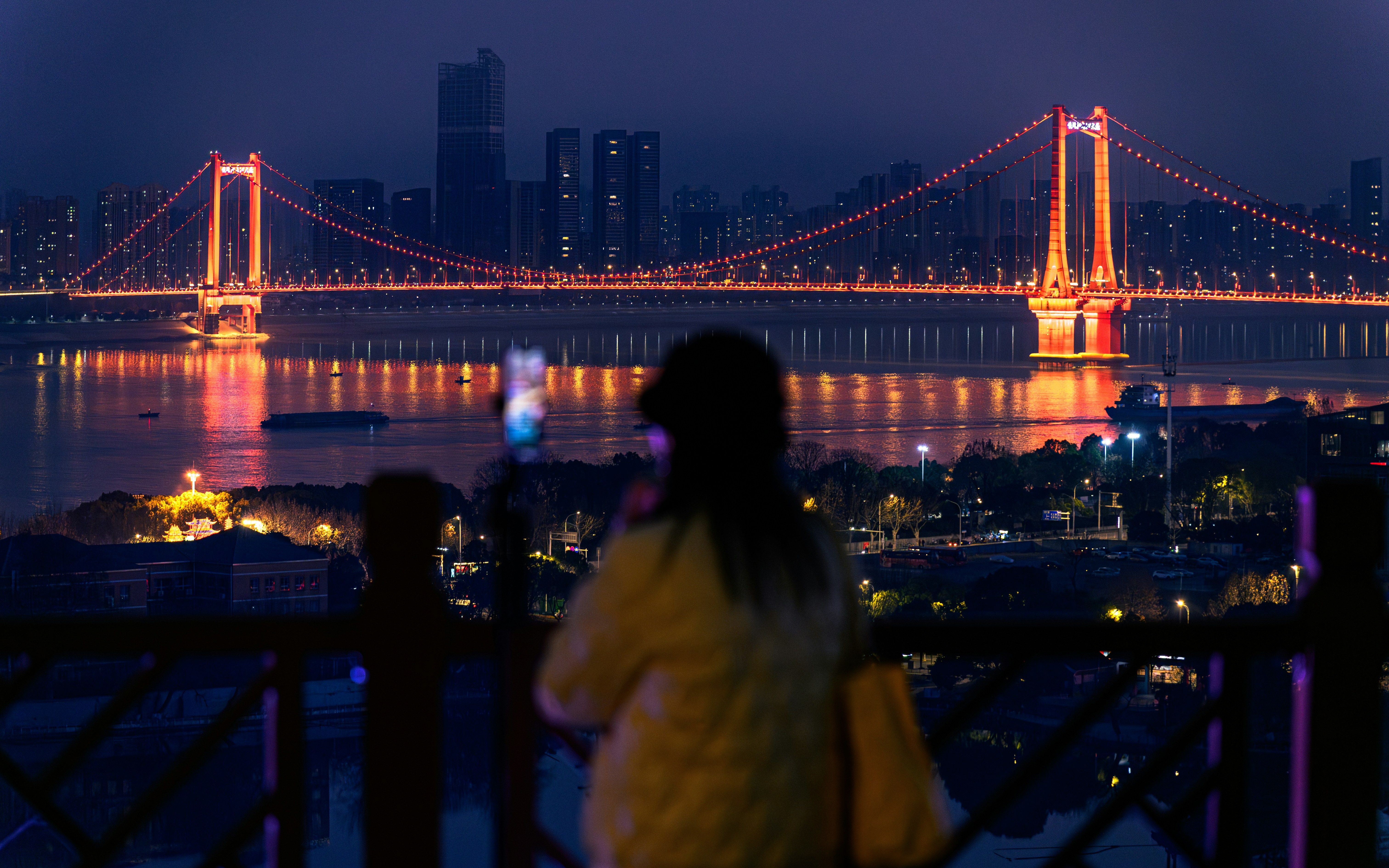 Silhouetted Viewer Overlook by Neon-Illuminated River Bridge