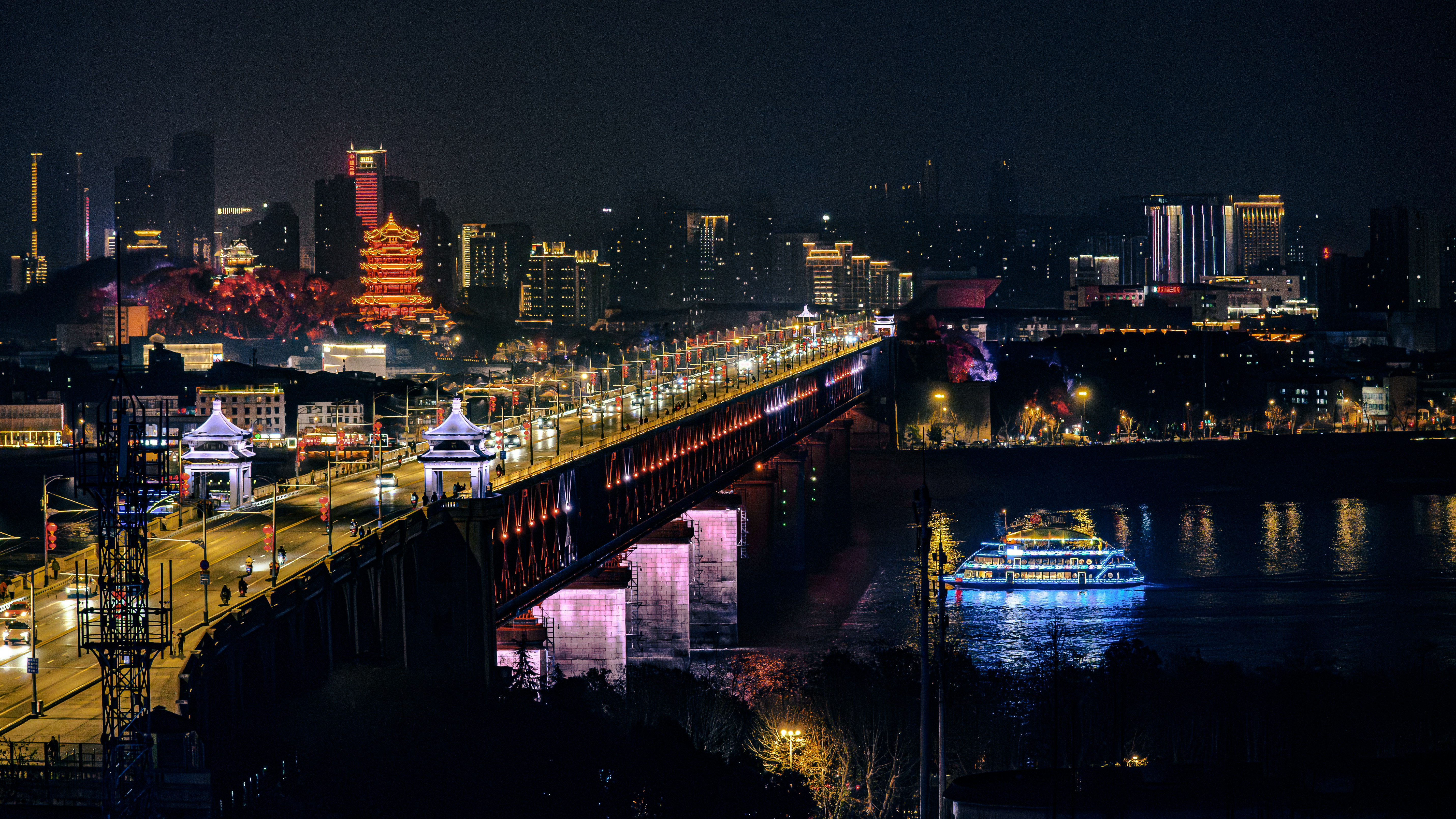 Night Lights over the River: A City Bridge Illuminated