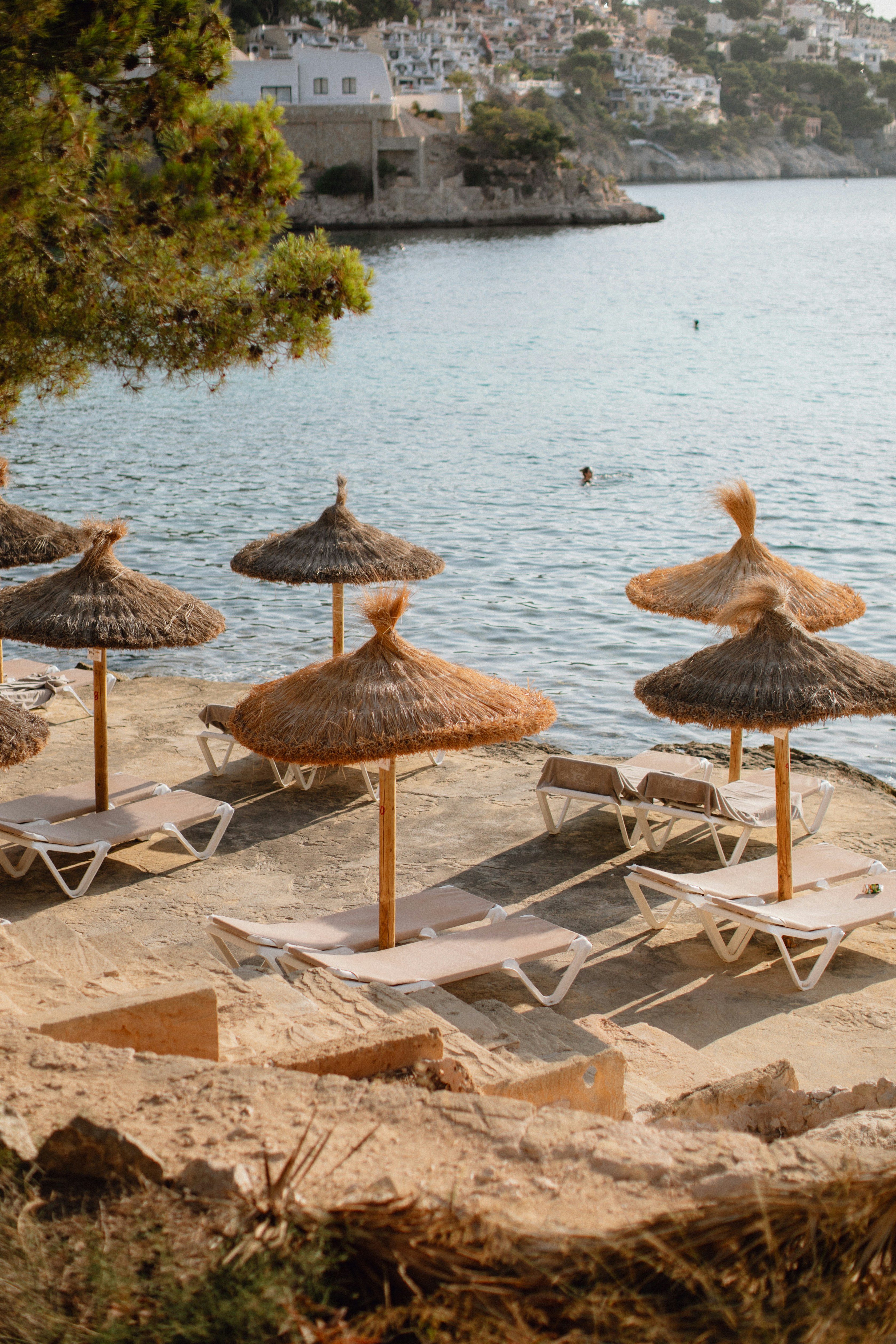Beachside Oasis: Rows of Straw Umbrellas Cast Calm Shadows Over Teal Waters