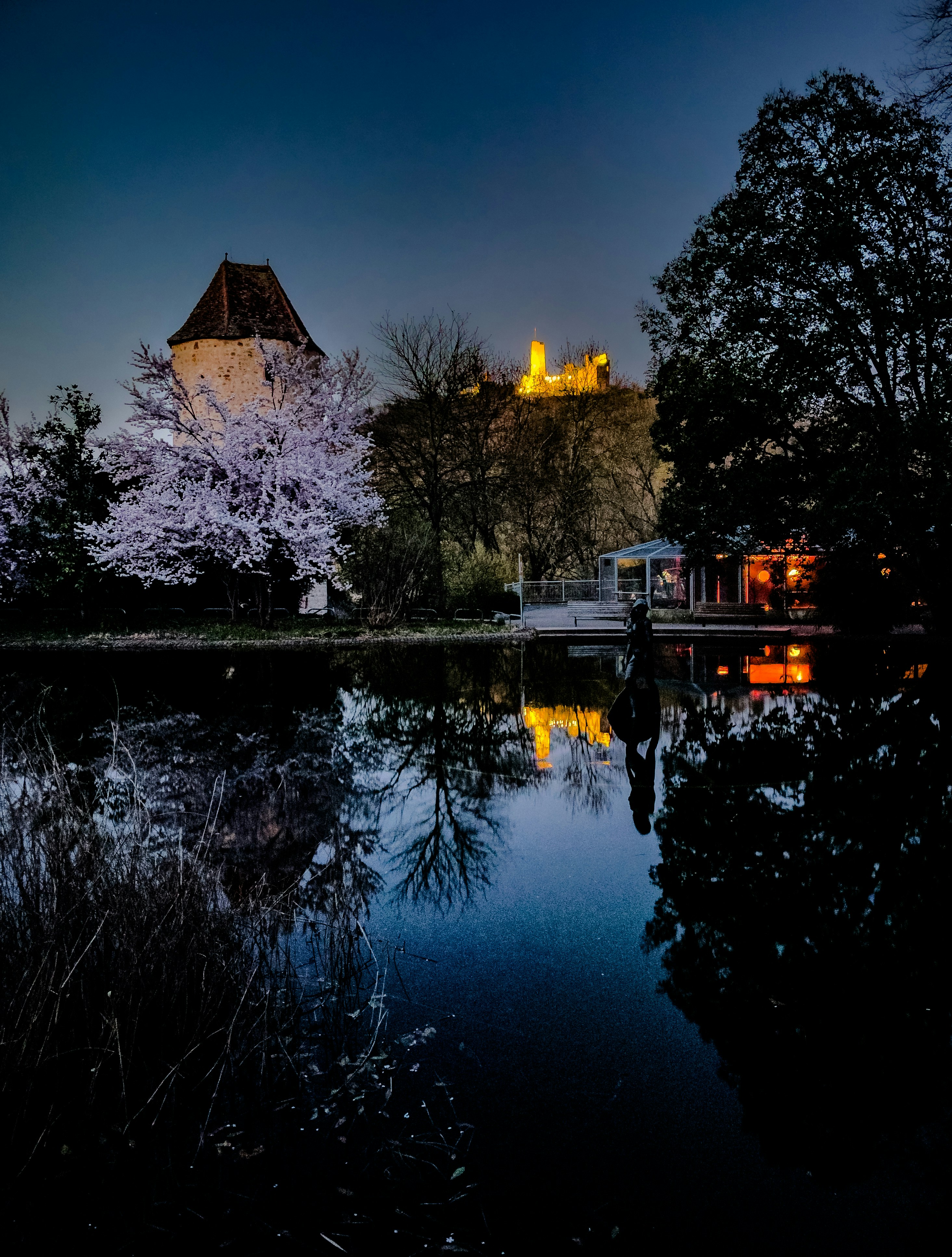 Moonlit Waterside with Castle Silhouette