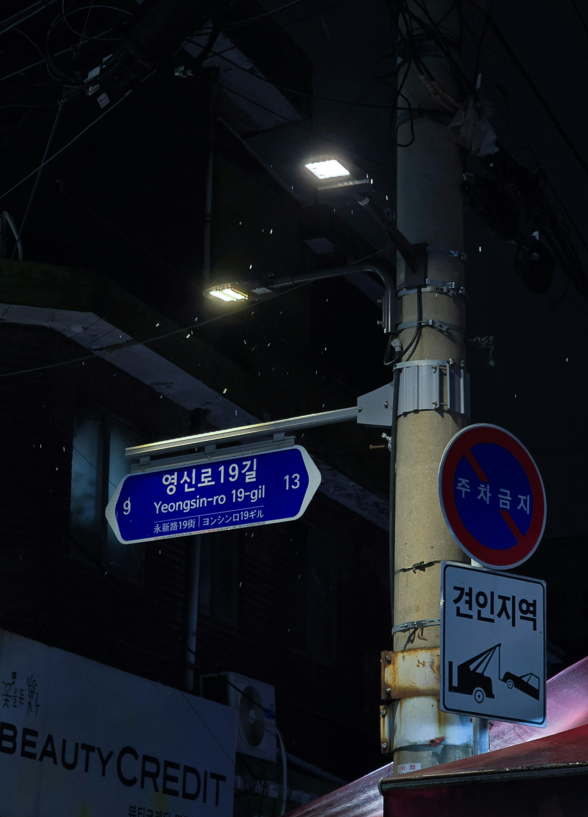 Neon Street Sign and Utility Pole in Night Korean Street Scene