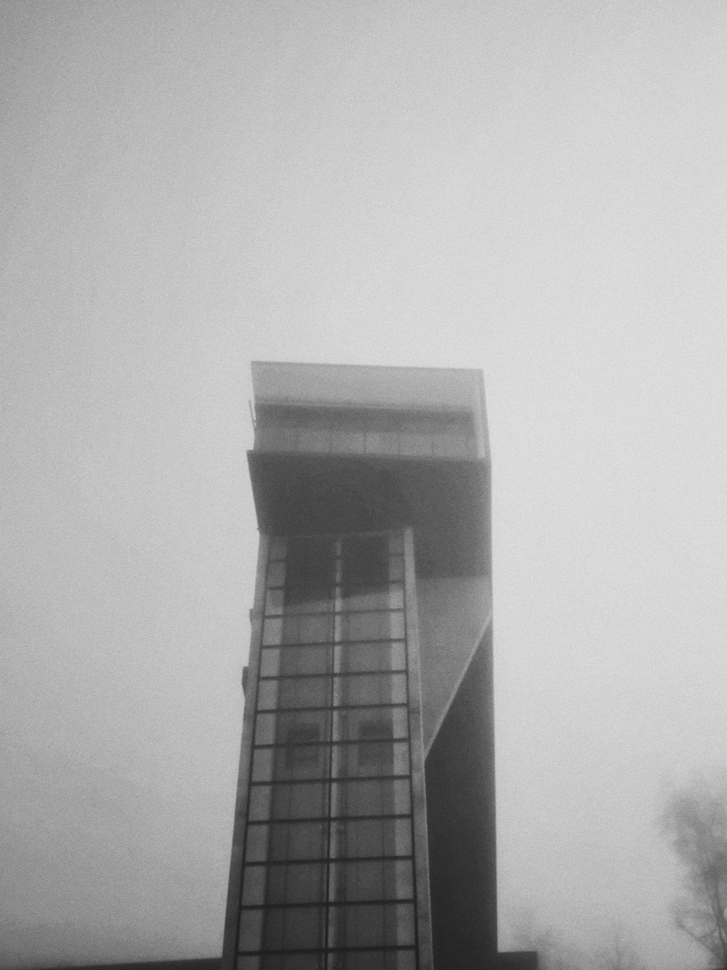 Towering Glass Spine Reaching into Mist