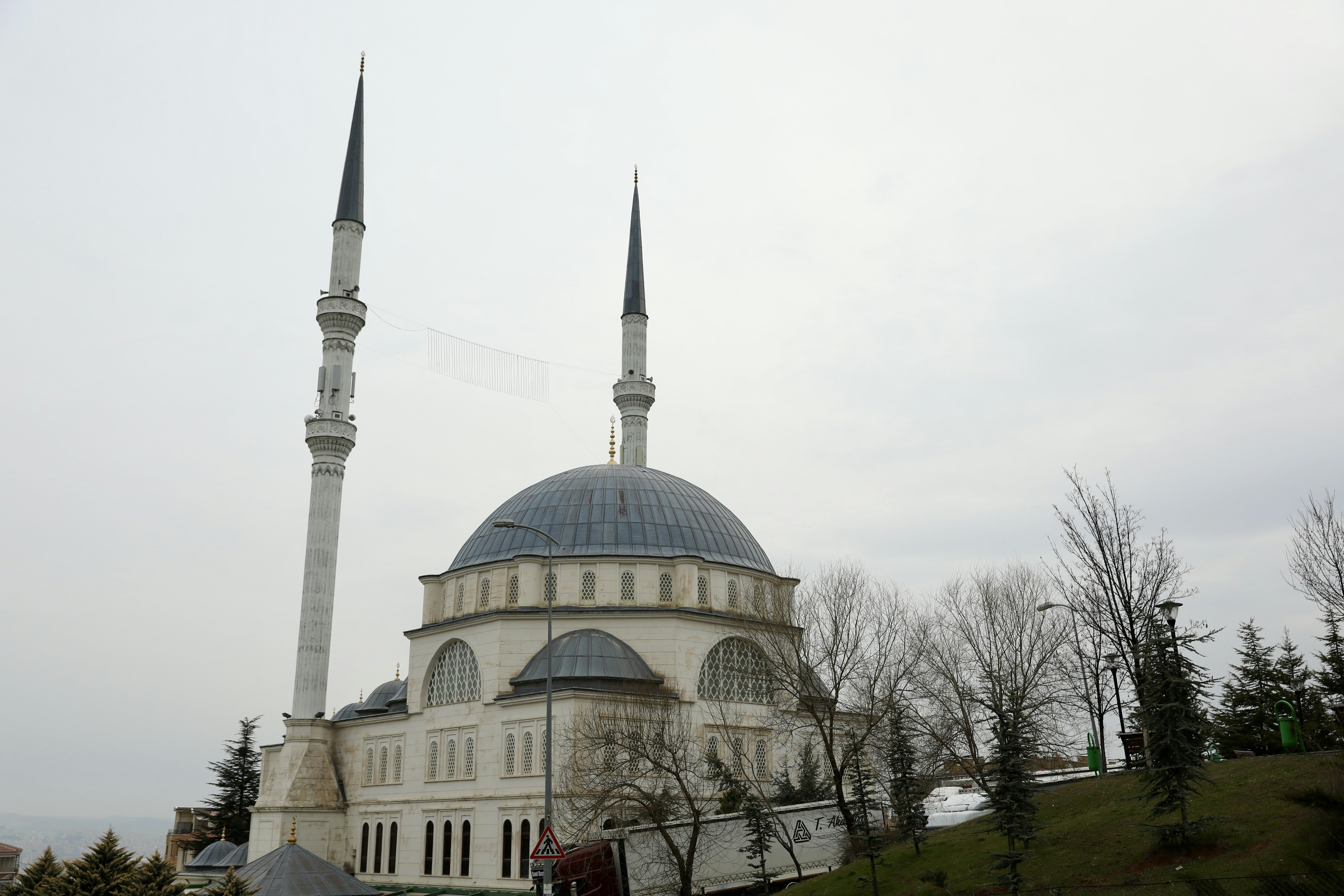 Blue Dome, Twin Minarets: A Hilltop Mosque Overlooking Winter Trees
