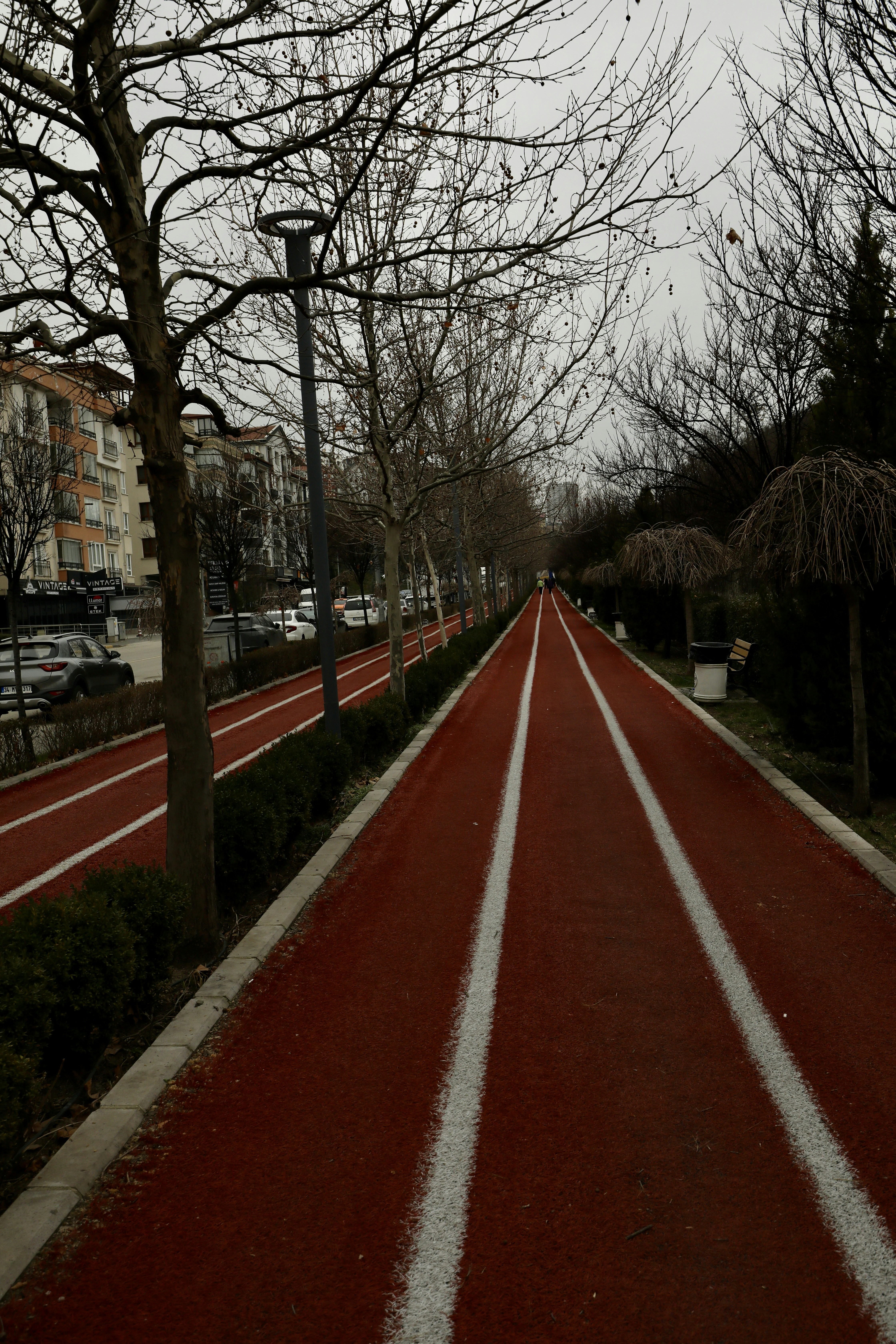 Red Asphalt Spine: A City Running Corridor Reaching Toward the Distance