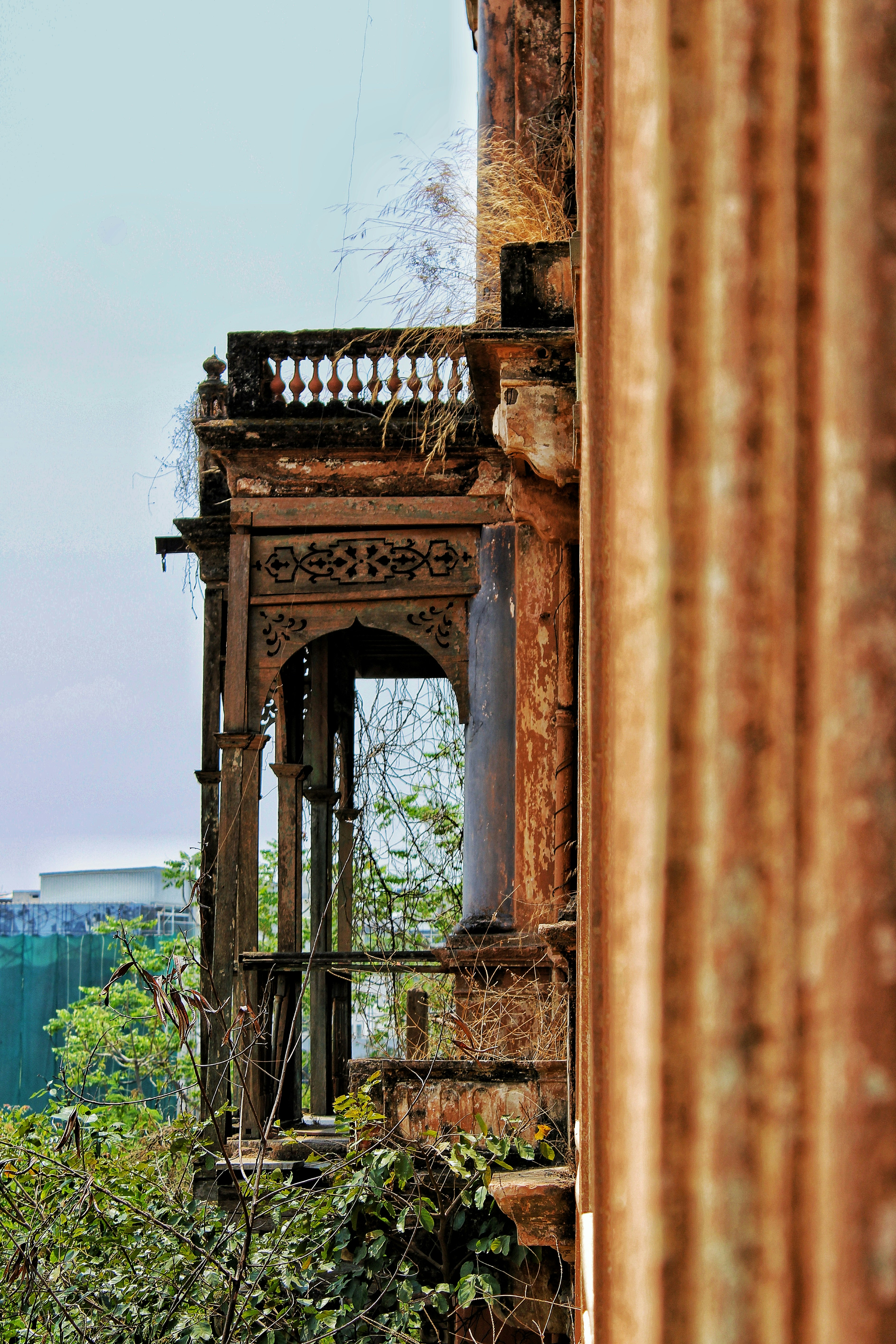 Rust and Ruins: A Balcony Clad in Overgrowth Gazes Toward the City