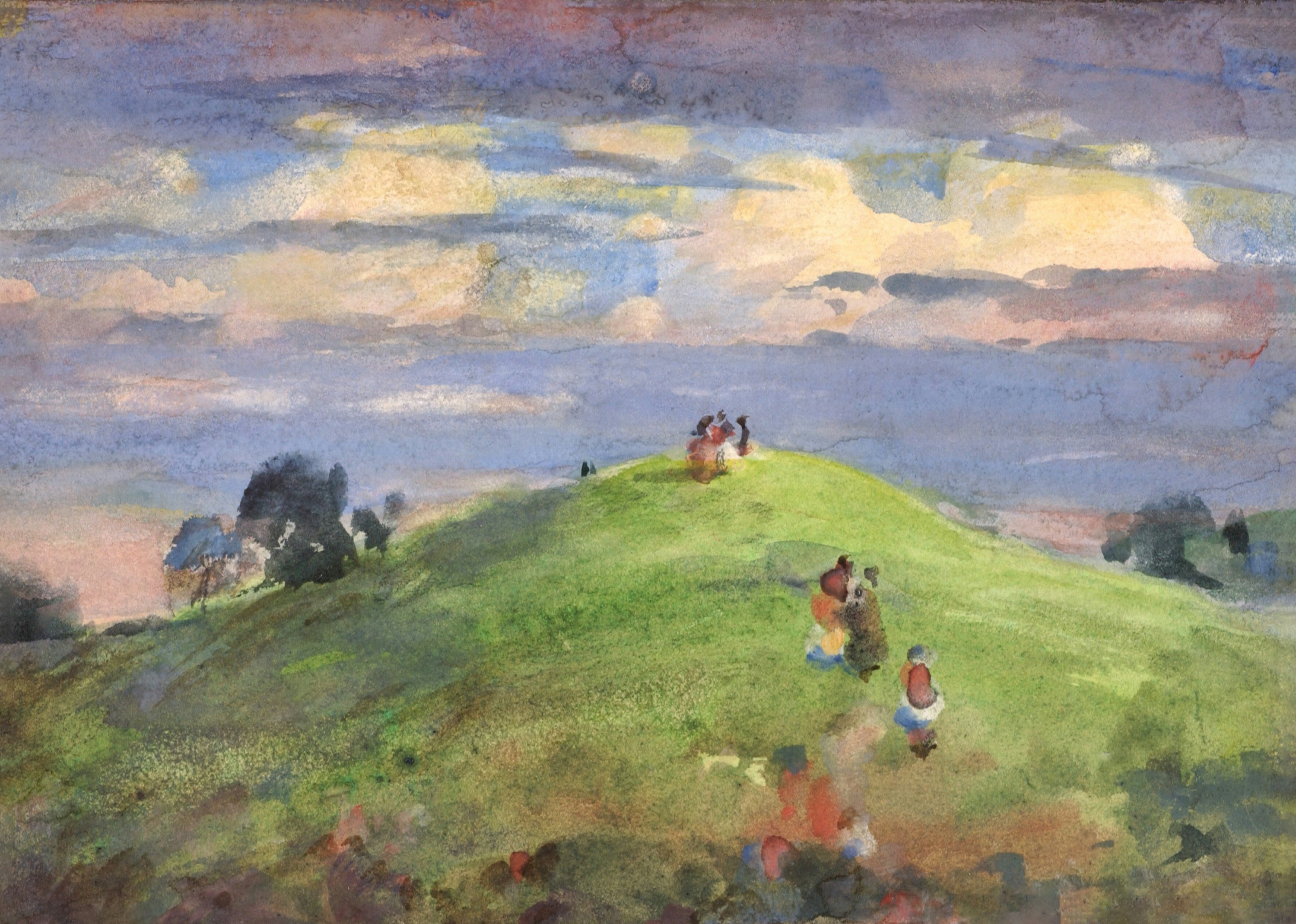 Vivid impressionist hillside with small groups of people near a bright green mound under a pastel sky.