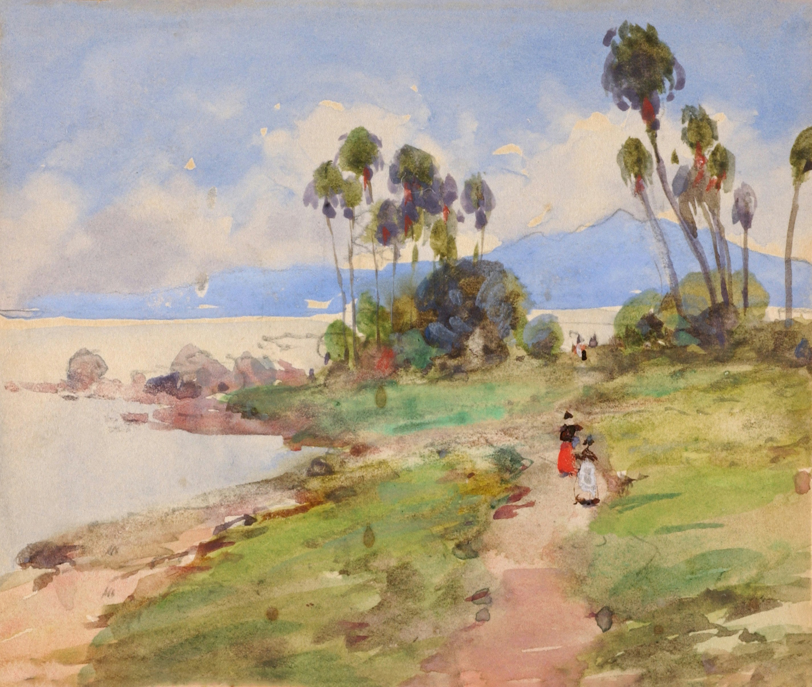 Coastal Path with Palm Shading and Distant Figures