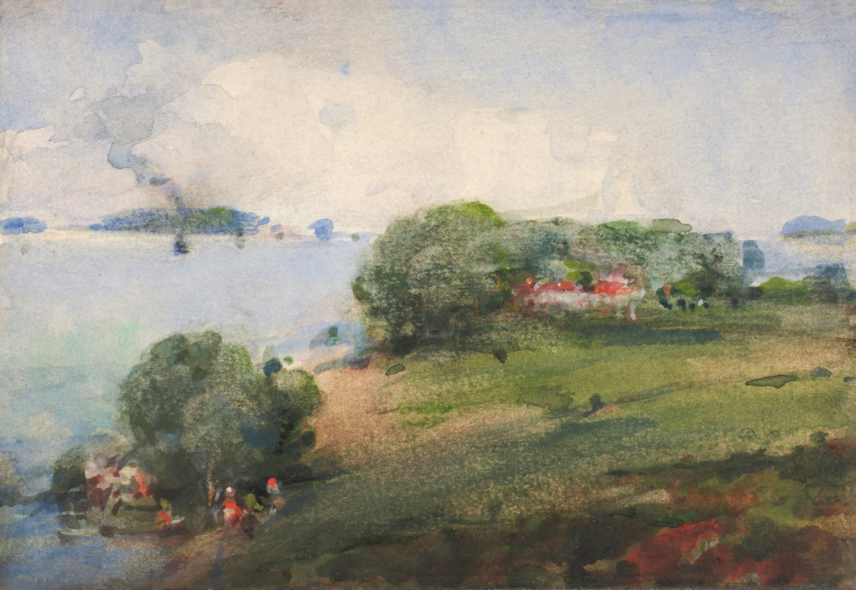 Pastoral shoreline with clustered cottages under a luminous sky