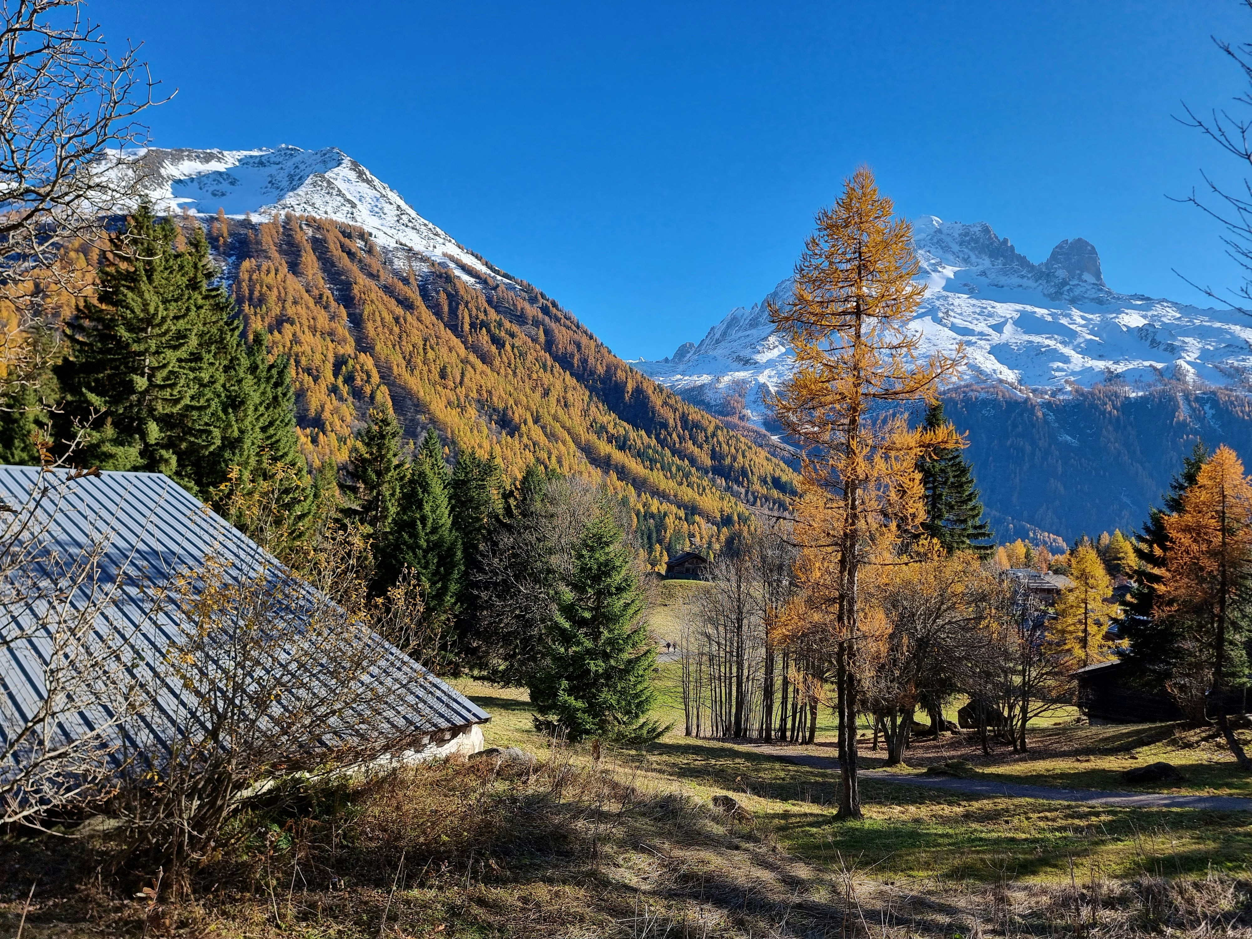 Autumn Alpine Village Beneath Snow-Capped Peaks