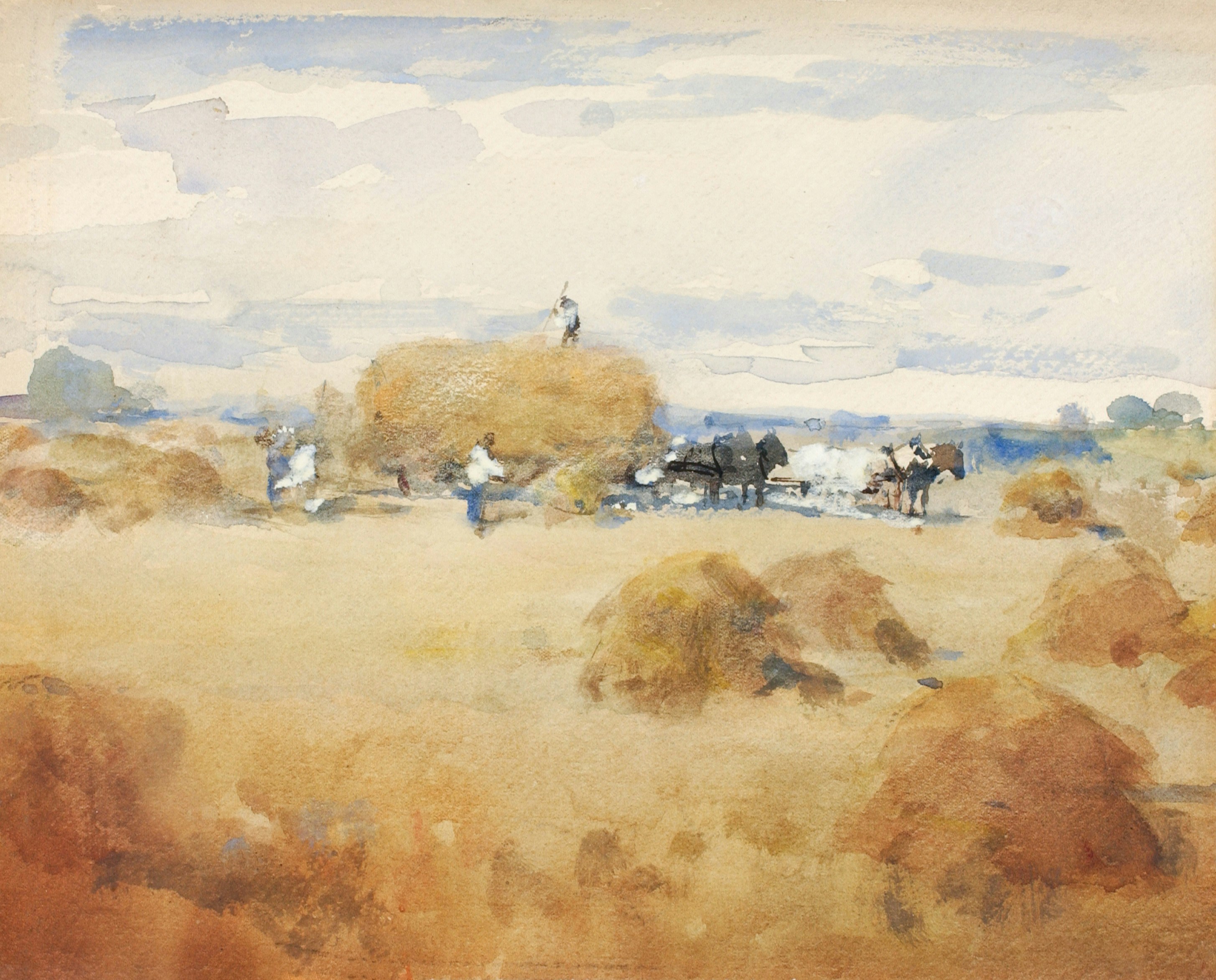 Harvest Field Reverie: Figures and Horsemen in Soft Light
