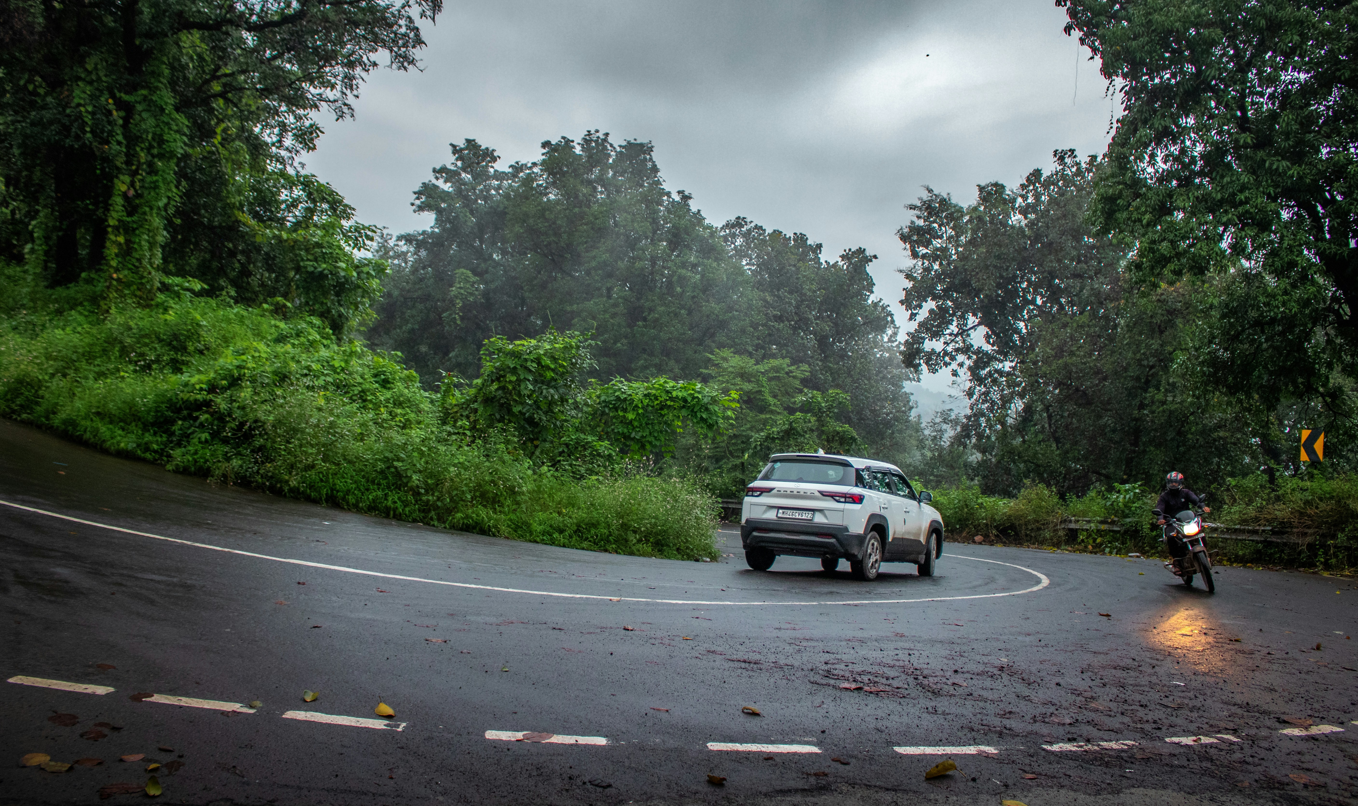 Curve through the Wet Night: Car and Rider Navigate a Rainy Forest Bend