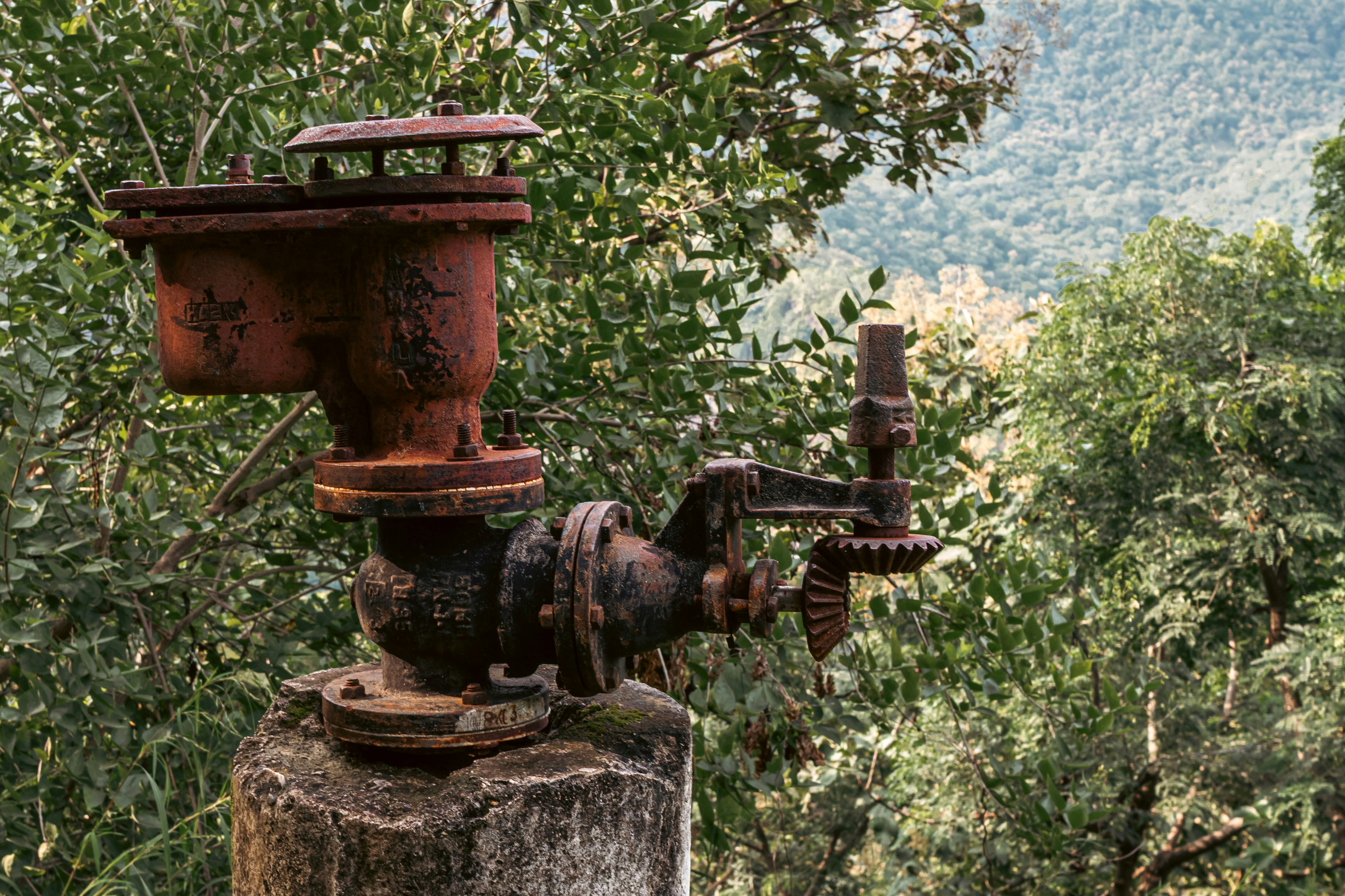 Rusting Sentinel: An Old Valve Amid Verdant Hills