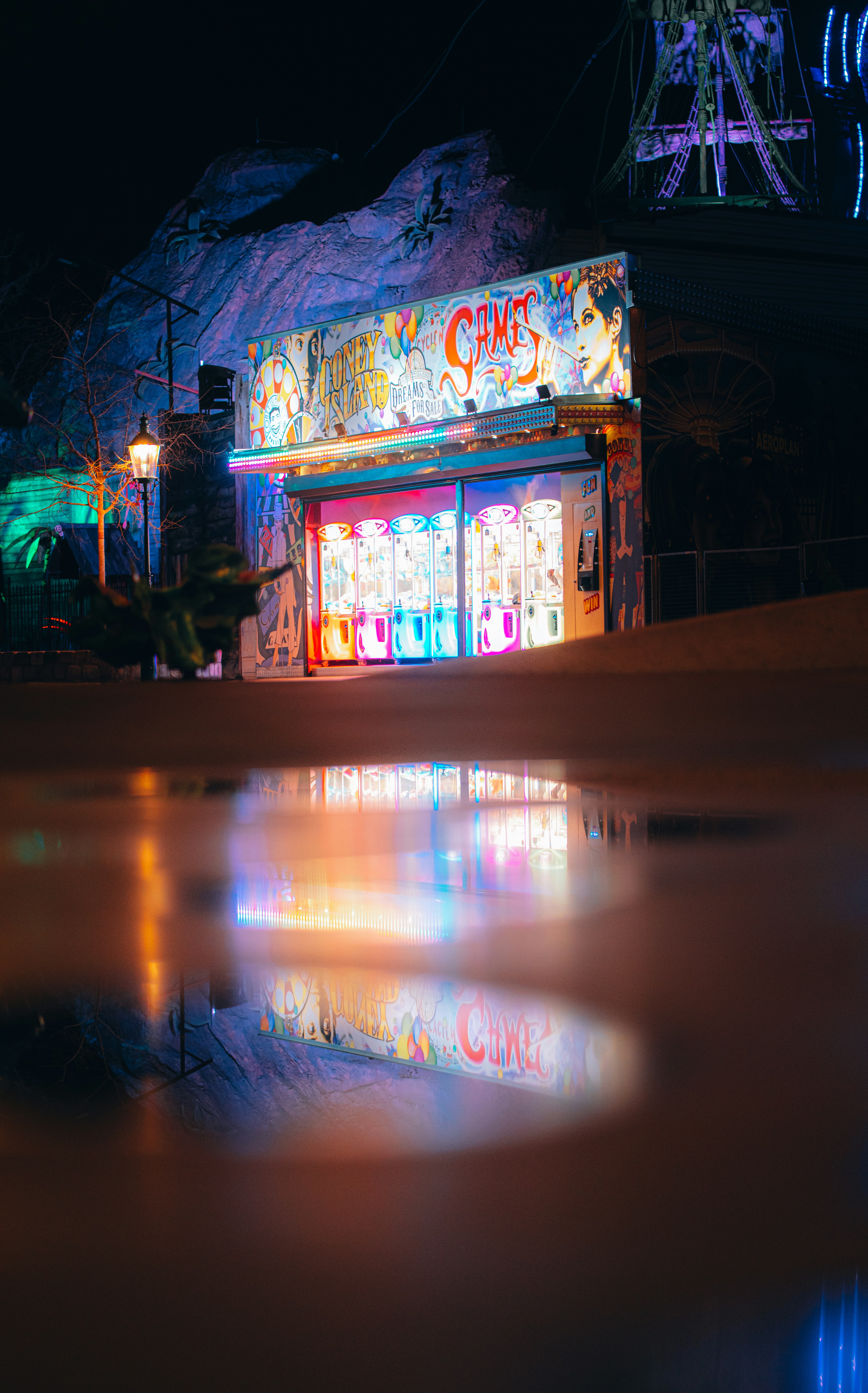 Vibrant Gumball Vitrine Under Neon Night
