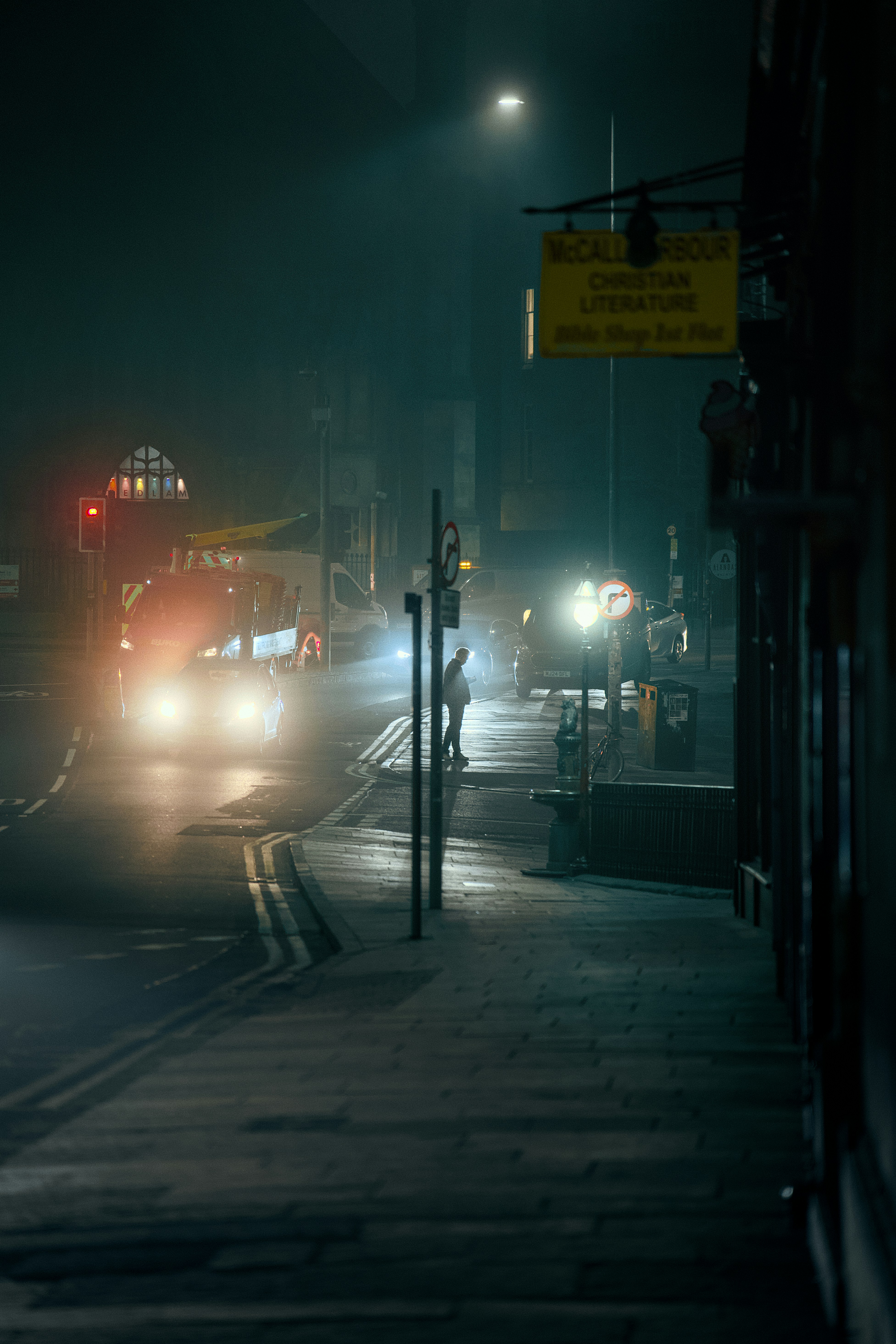 Night Street Crossroad: Neon Haze and Silhouette