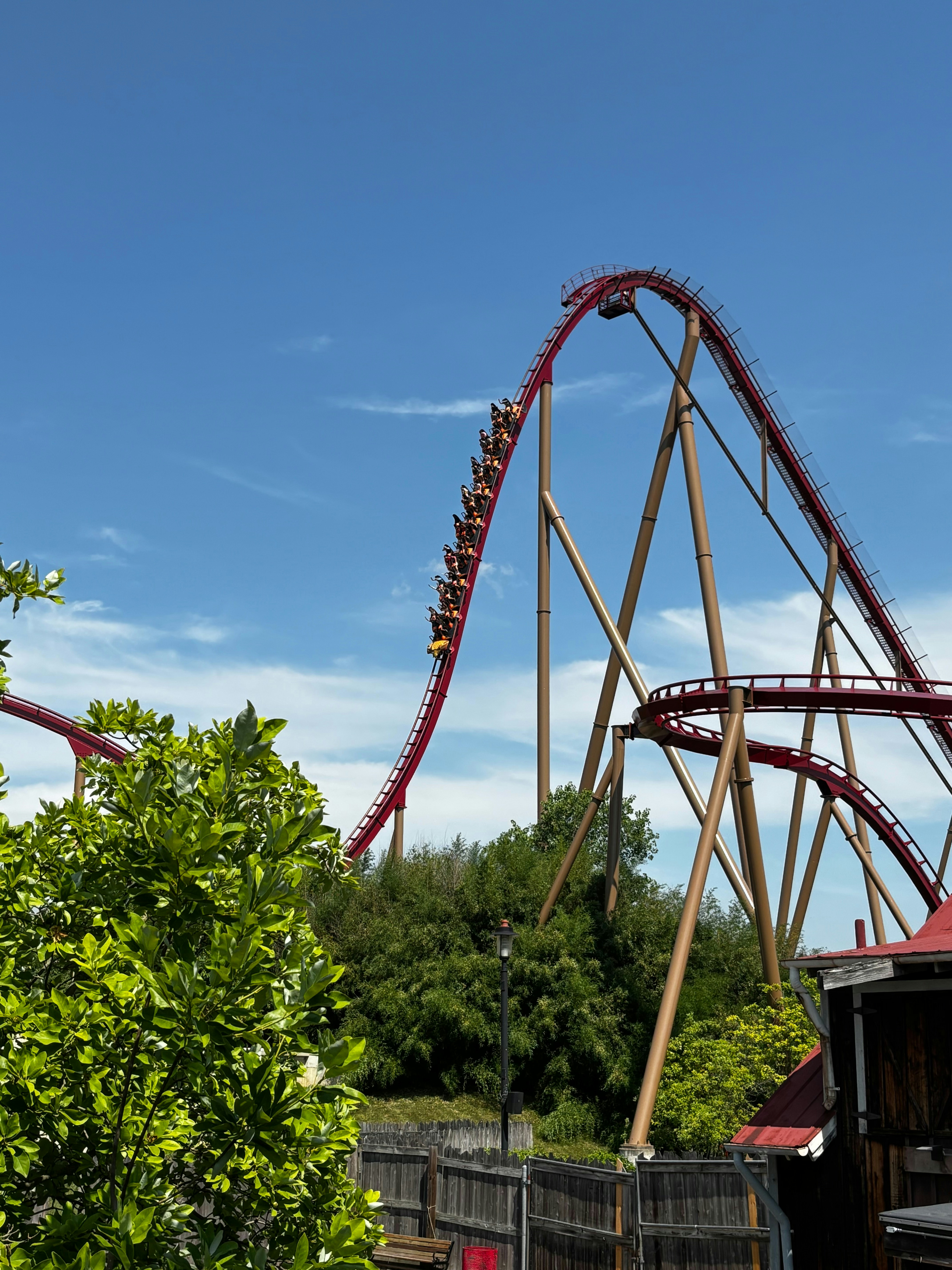 Riders Ascend a Crimson Loop: A Roller Coaster Crest Against a Clear Sky