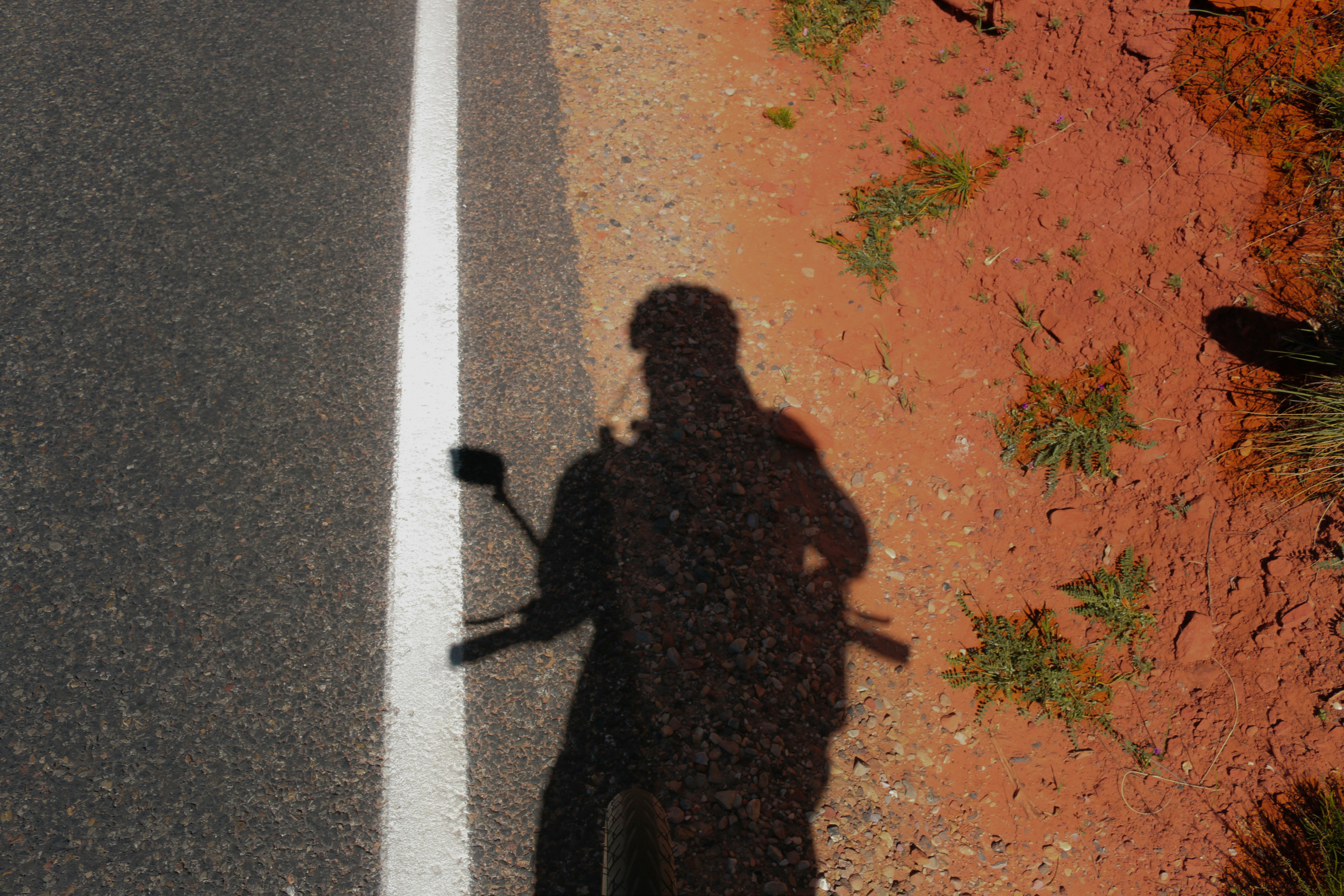 Shadow of a cyclist and handlebars over a split road and rocky path, with a stark vertical white line dividing asphalt from red dirt; a minimal, high-contrast silhouette scene.