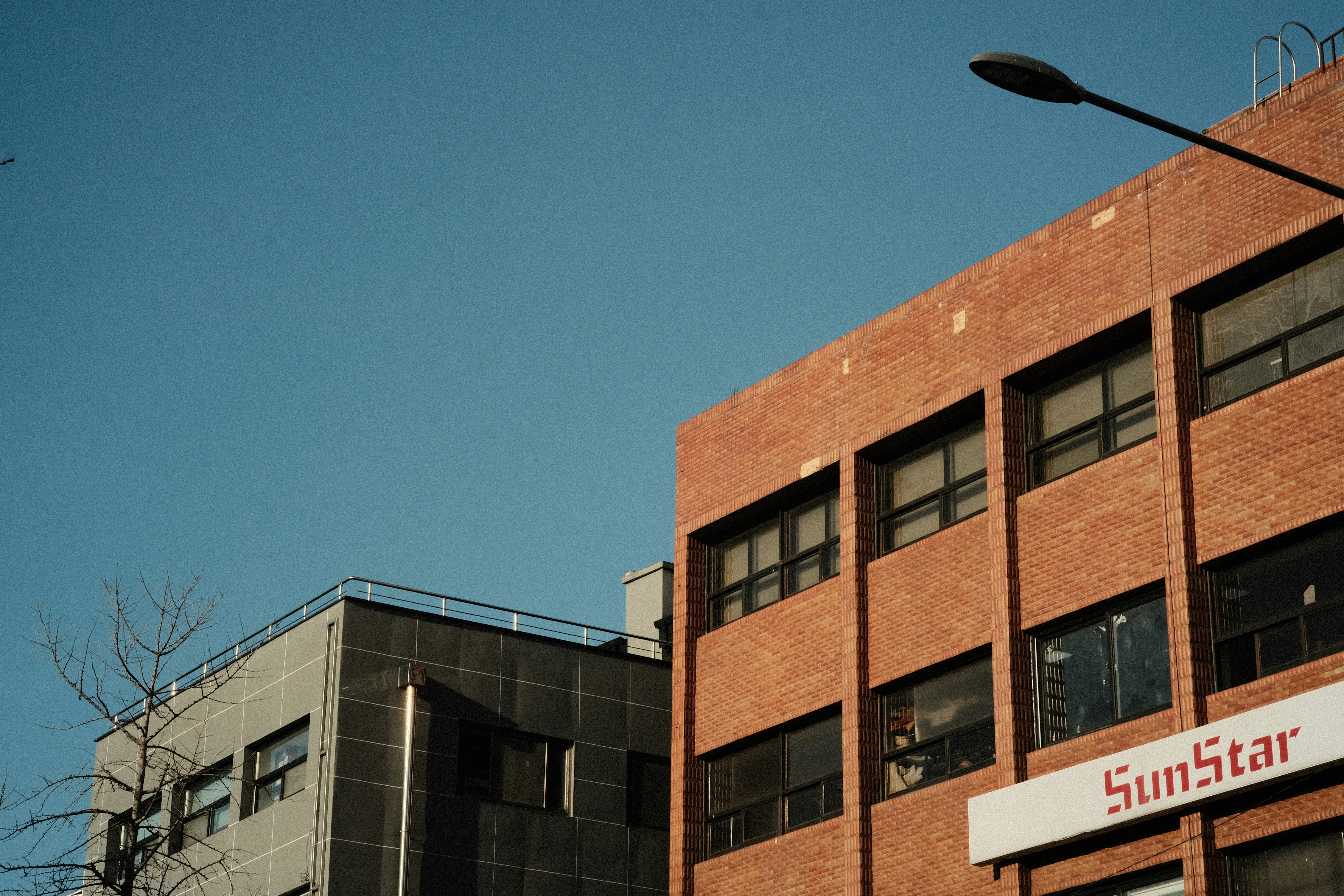 Brick Facade and Sky: Urban Lines Beneath a Streetlamp