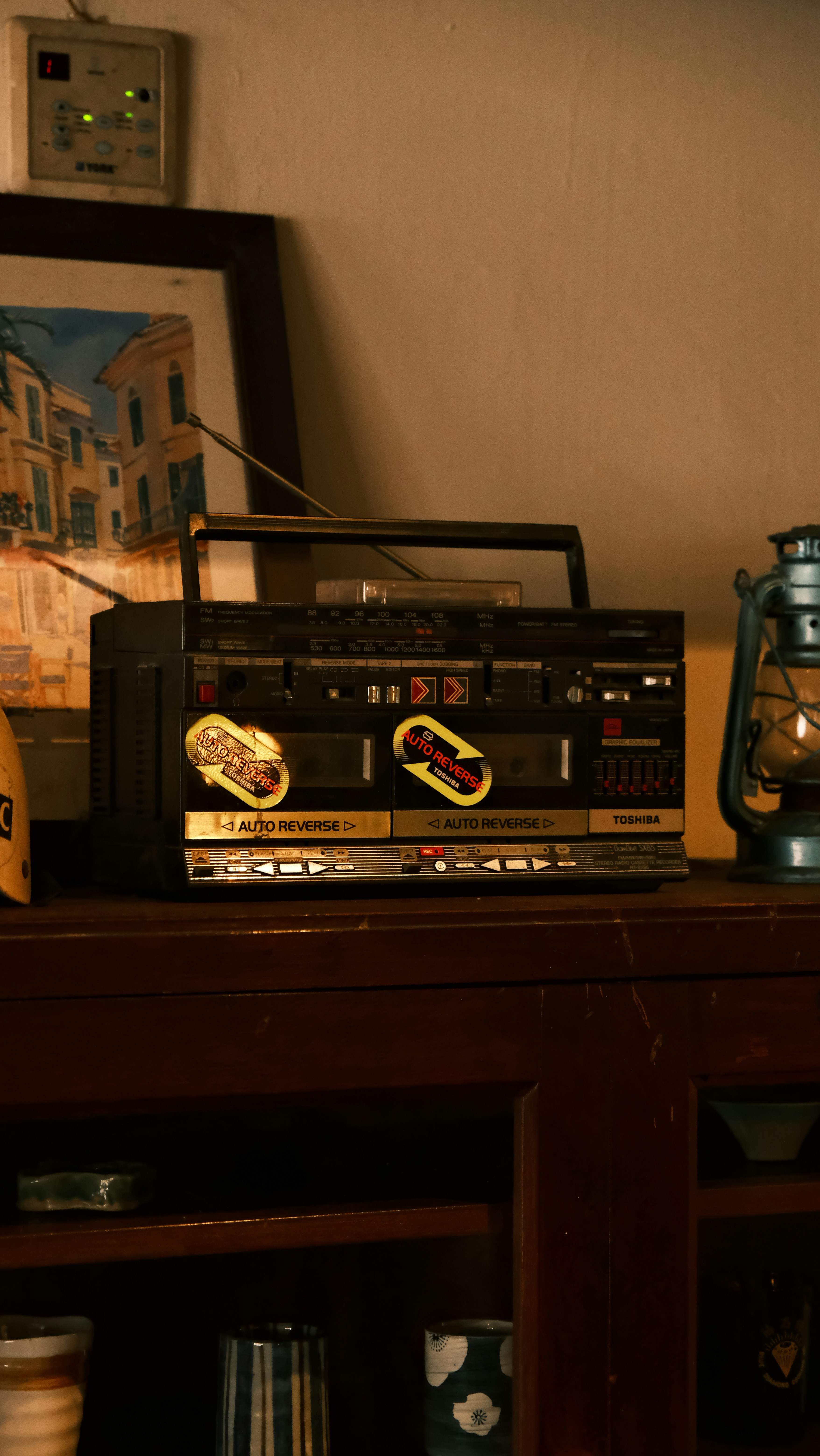 Retro Tape Deck on a Wooden Cabinet