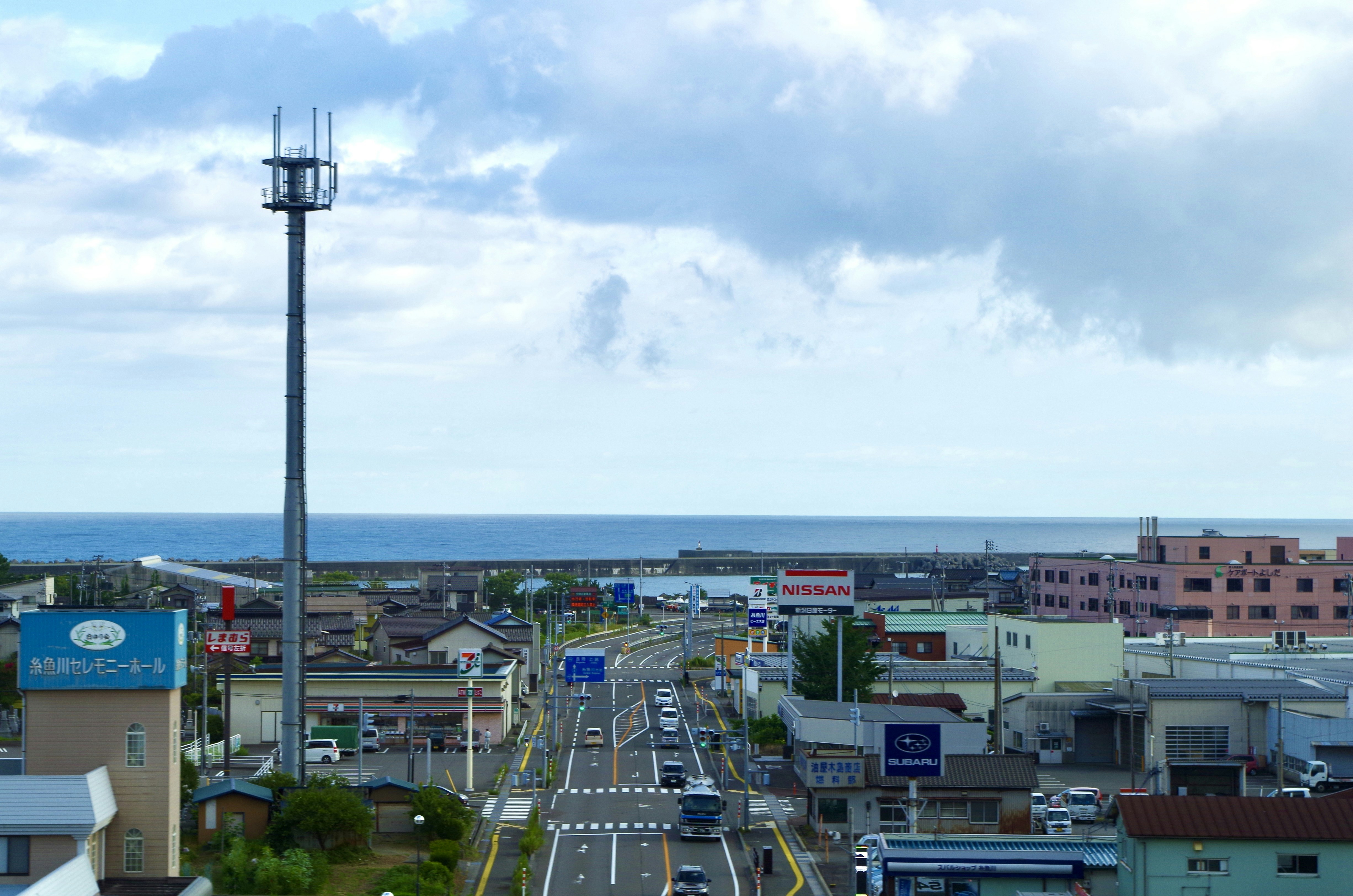Coastal Town Spine: Aerial View Toward the Sea