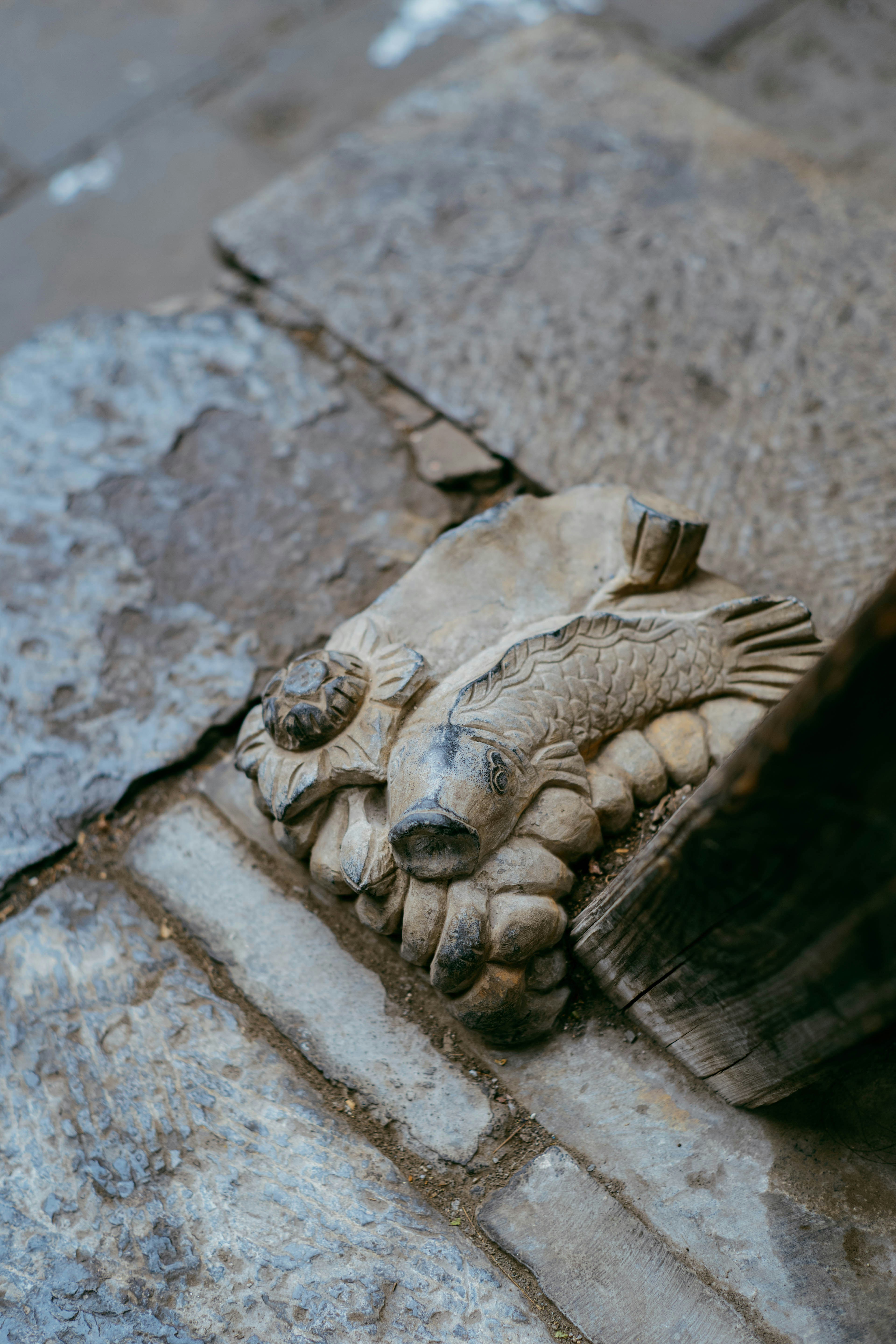 Carved Guardians: A weathered stone figure resting among cracked steps