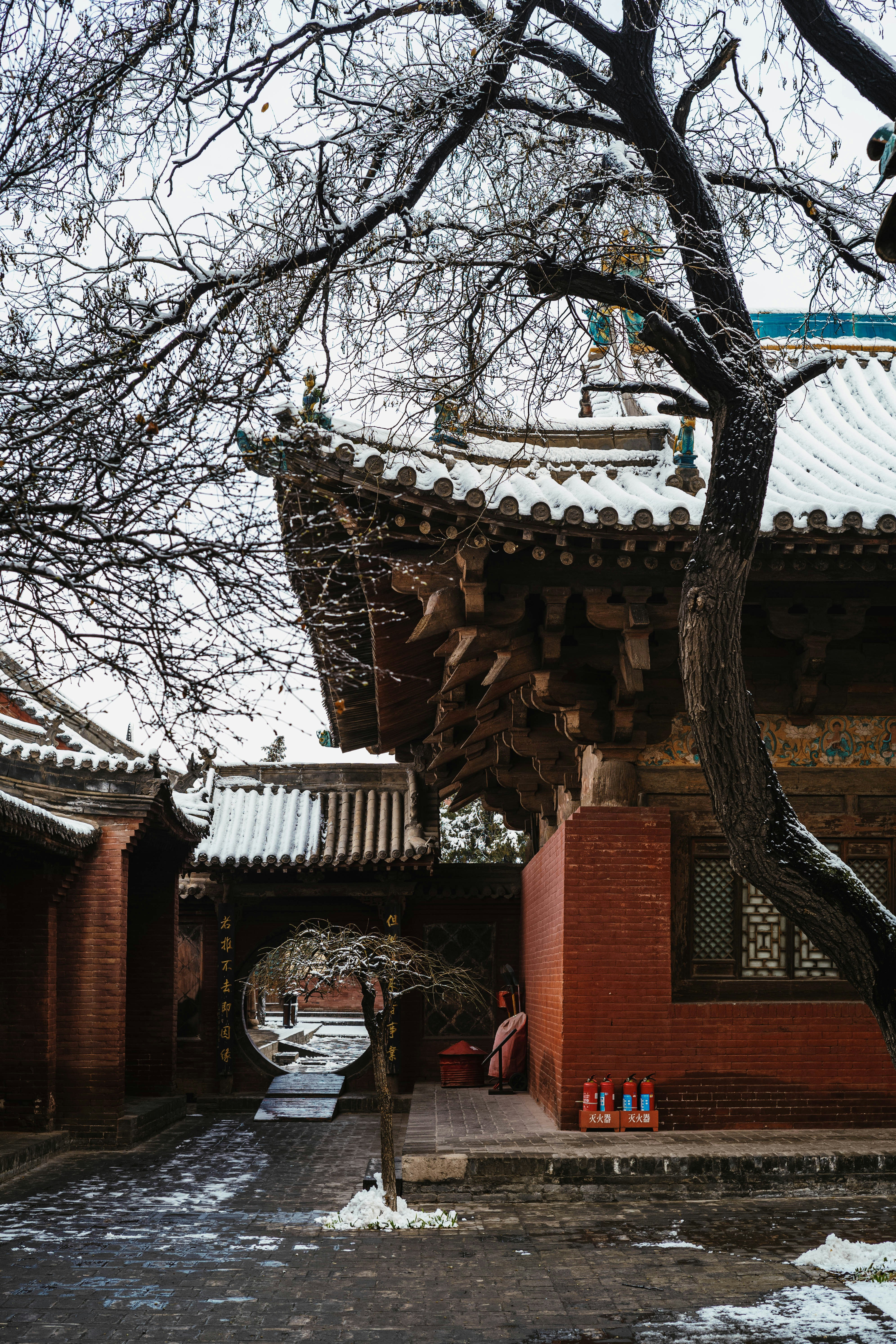 Snow-Quiet Temple Gate Under Bare Winter Trees