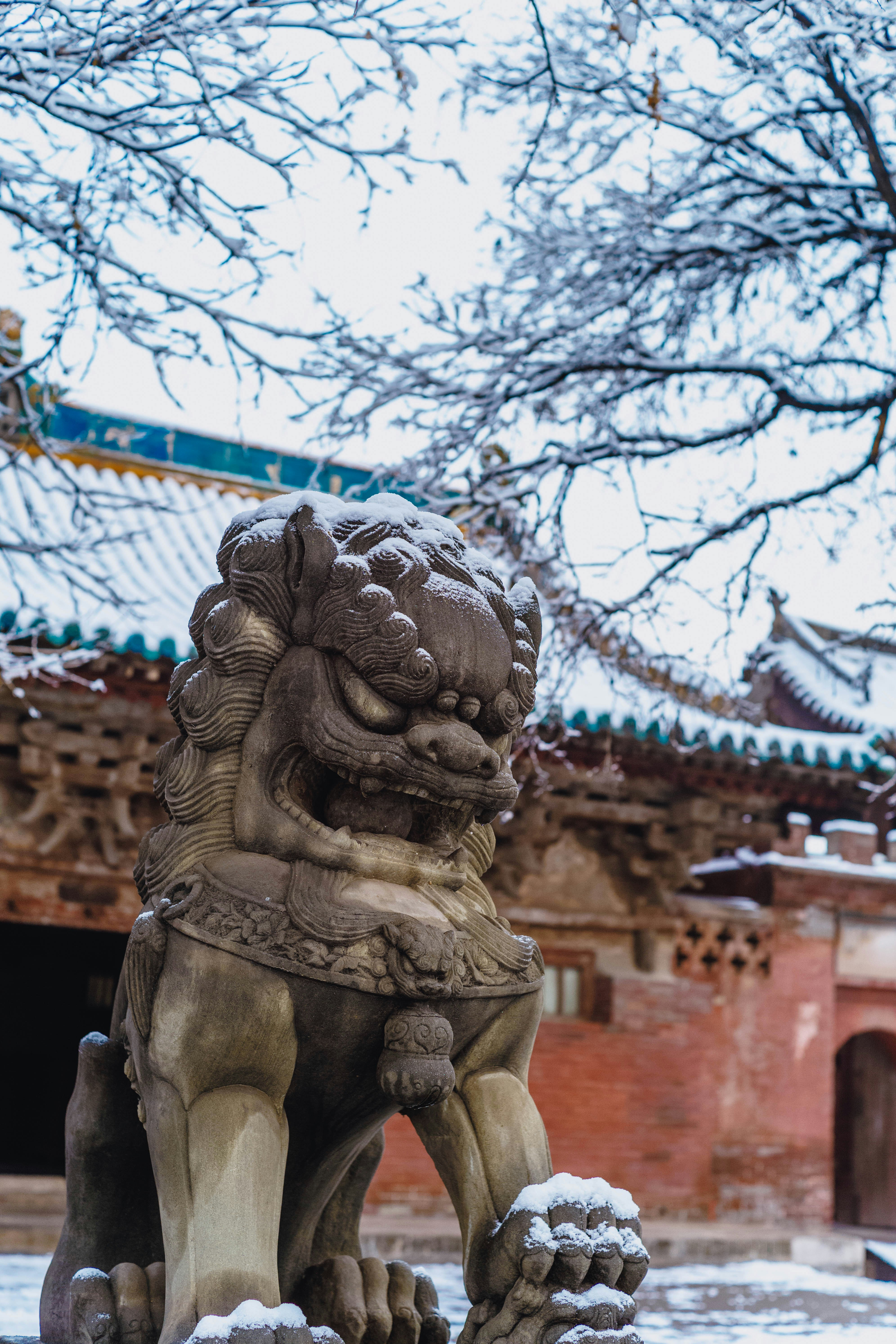 Guardian of Snow: A Stone Lamassu Before a Snow-Dusted Temple