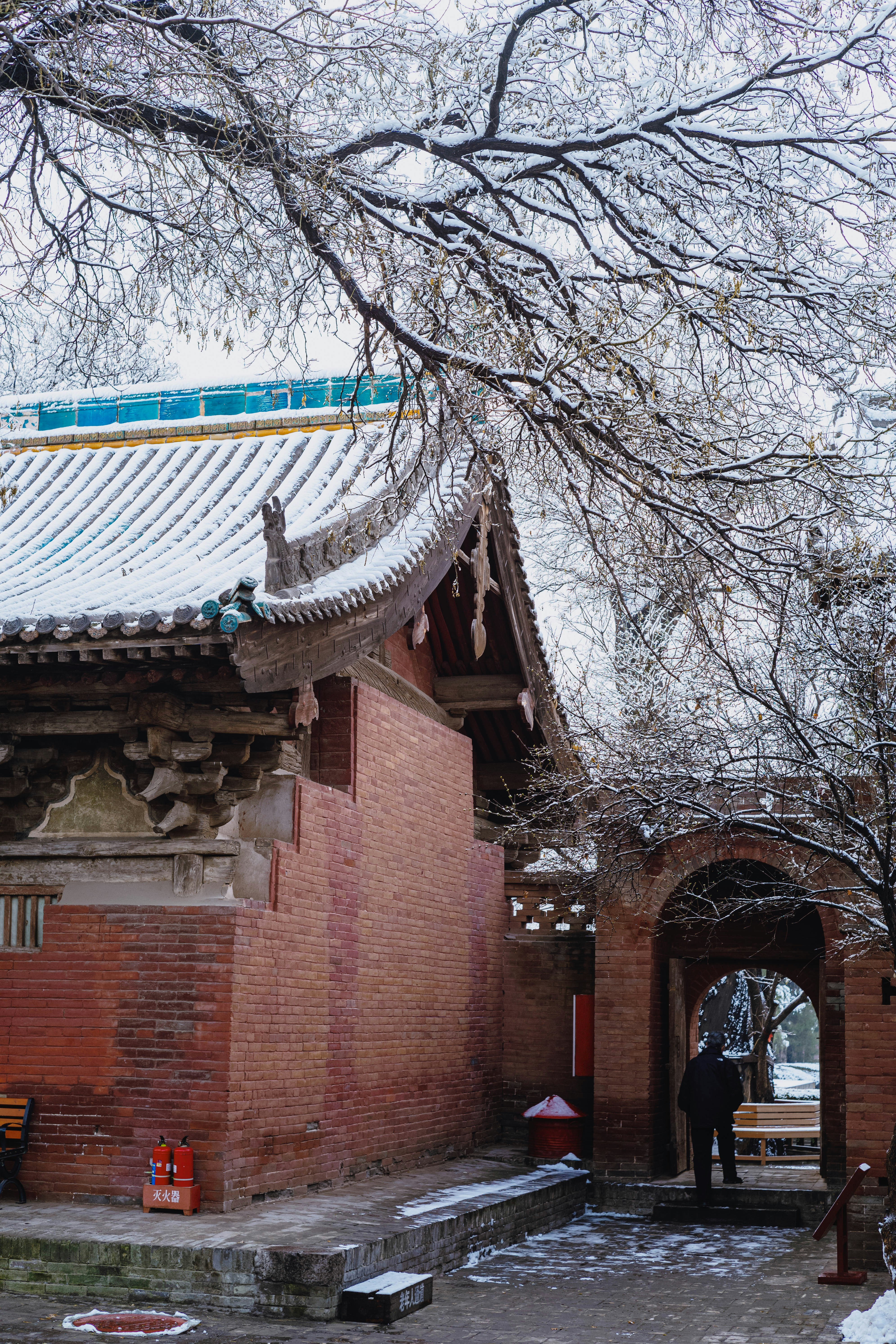 Snow-Capped Temple Courtyard Under a Lattice of Bare Branches
