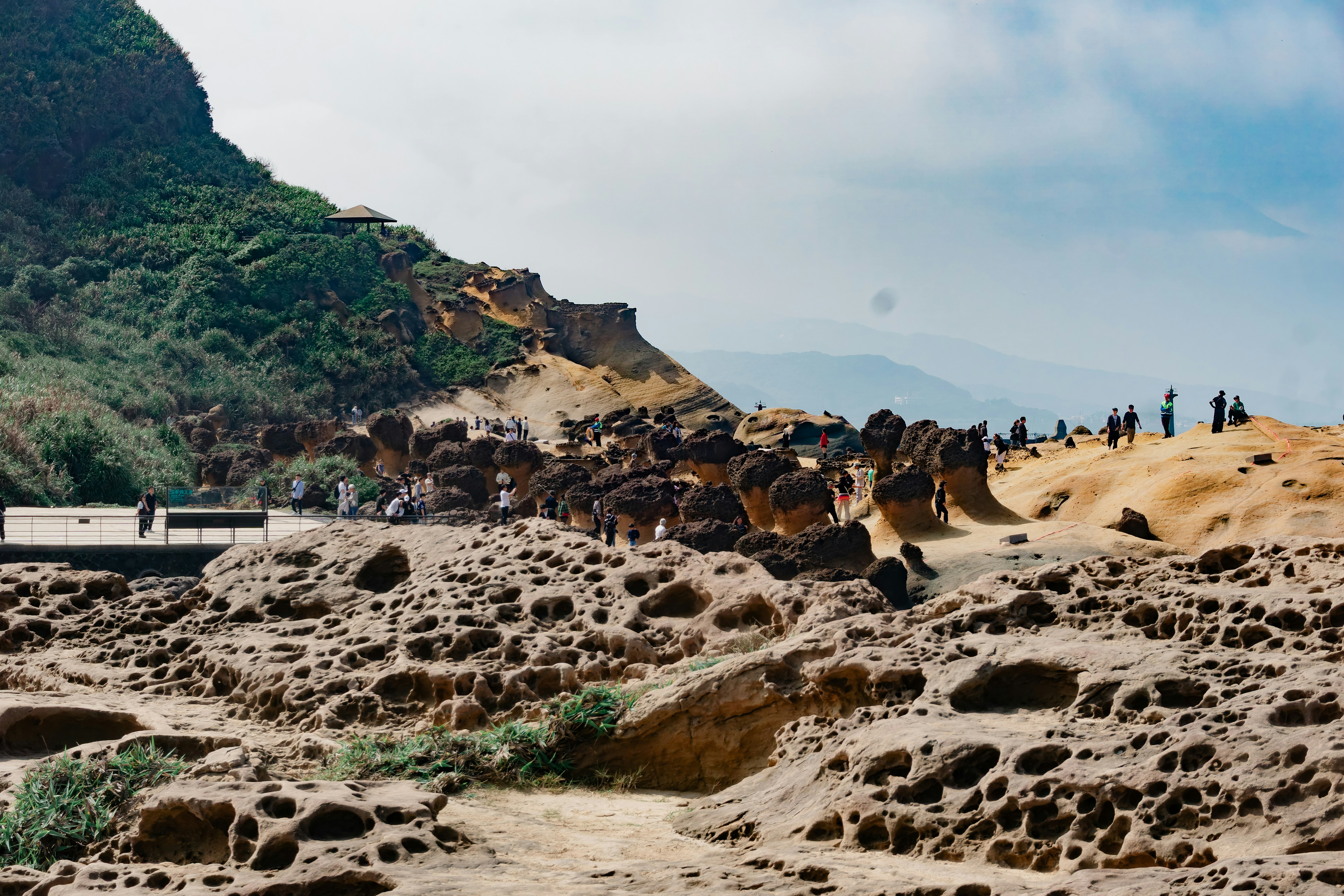 Coastal Boardwalk Amidst Eroded Limestone Formations