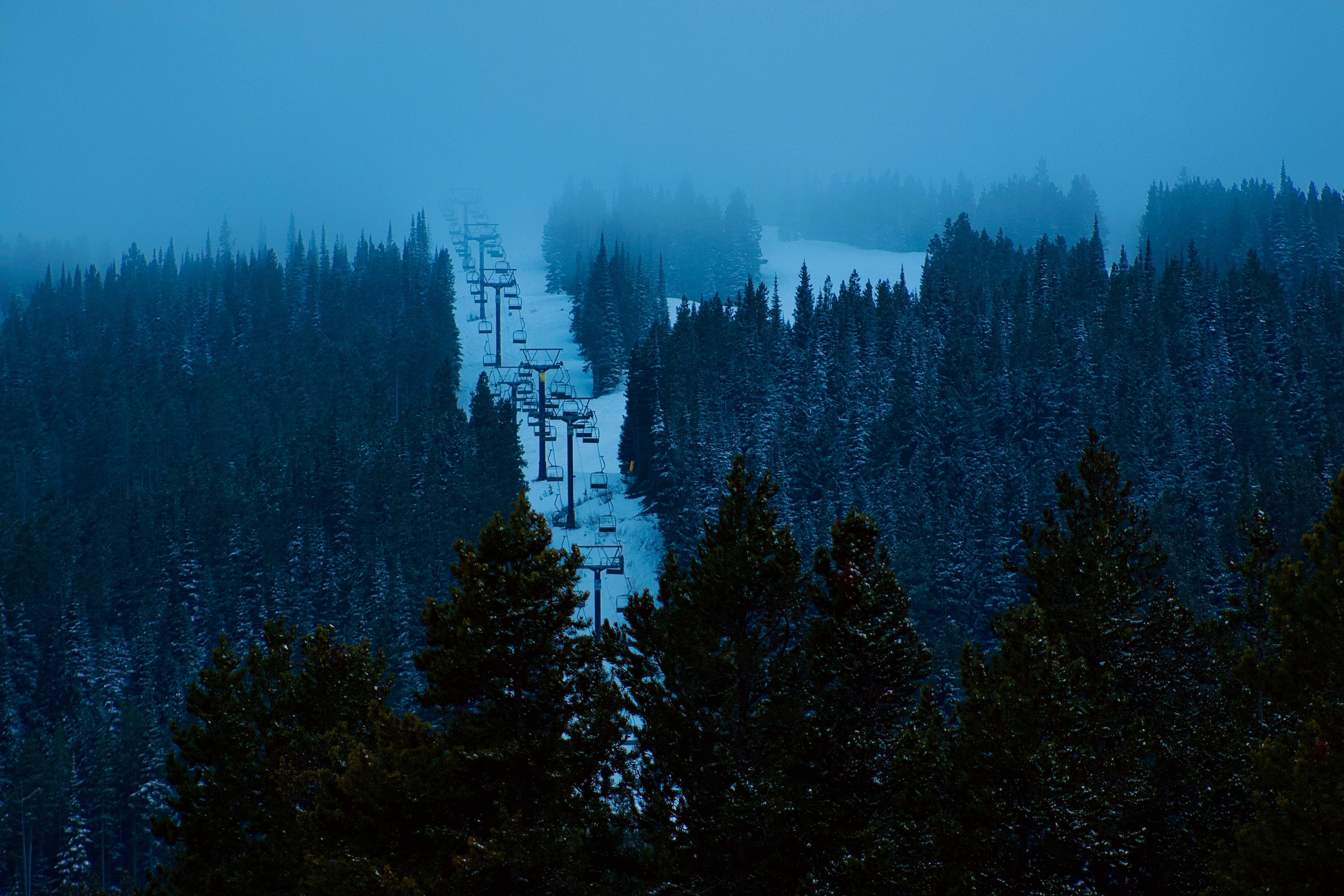 Blue-Tinted Ski Lift Through Misty Pines