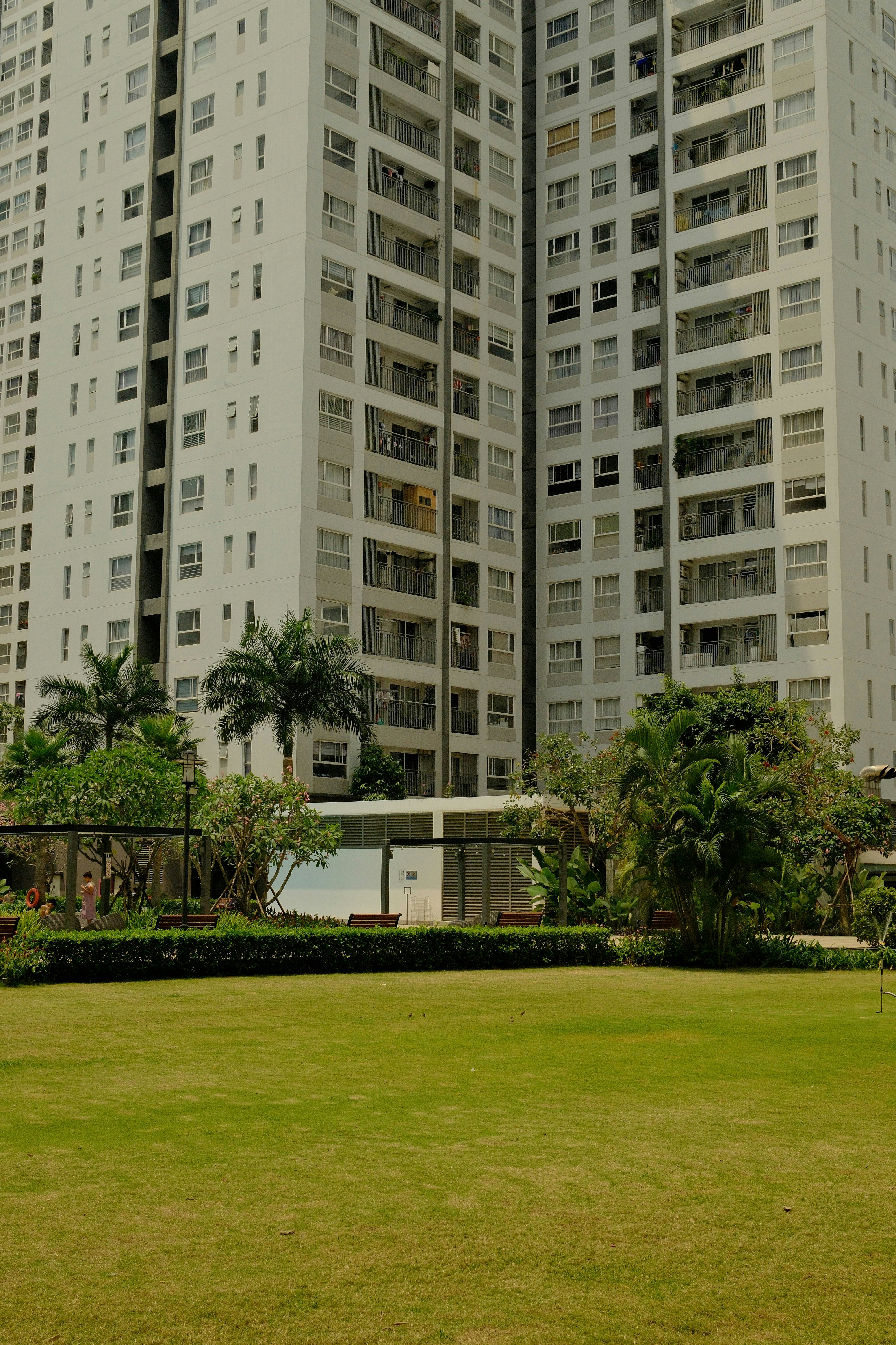 Green Lawn Under Skyscrapers: A Quiet Moment by the Towers