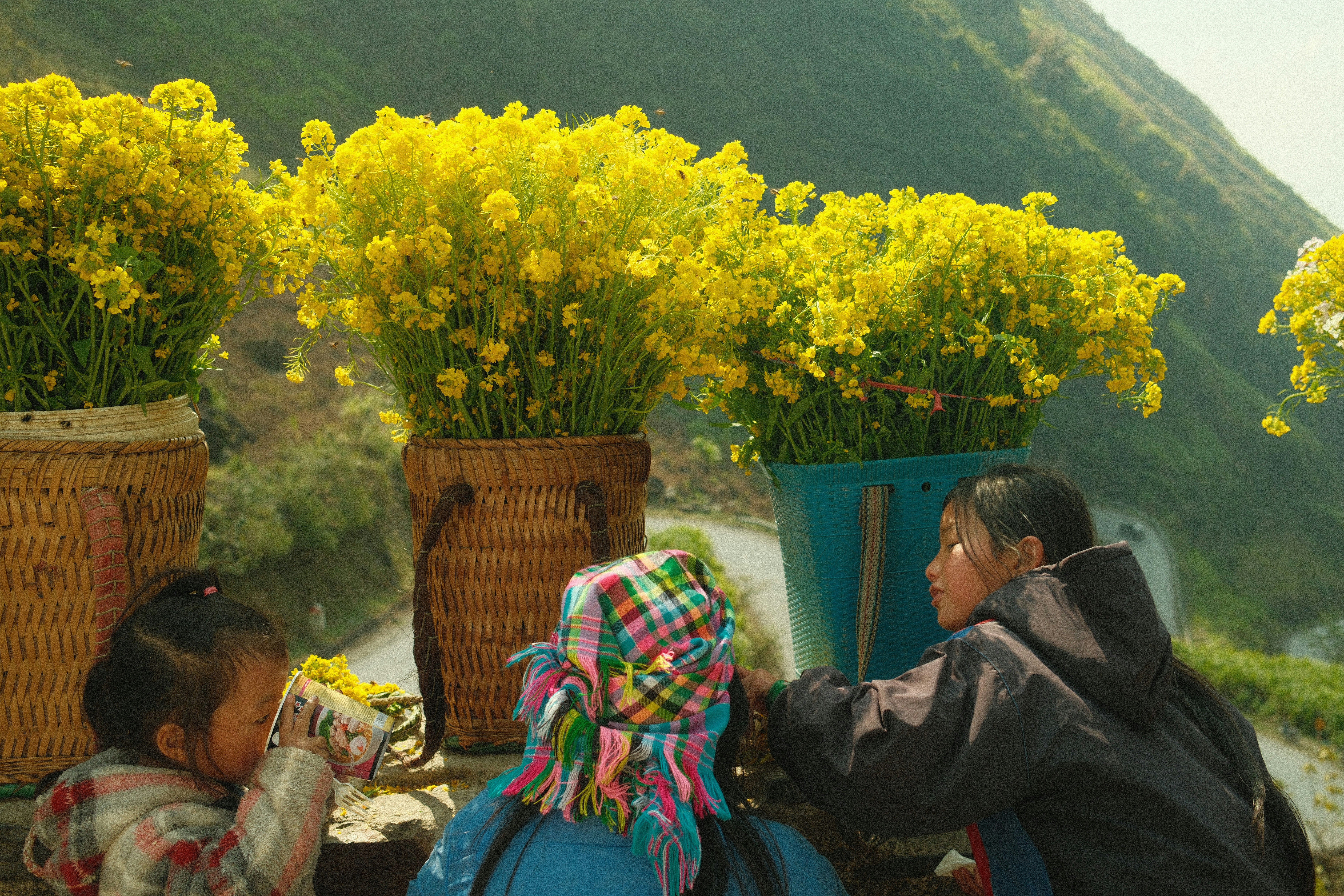 Yellow Bloomed Bottles by the Riverbank with Children