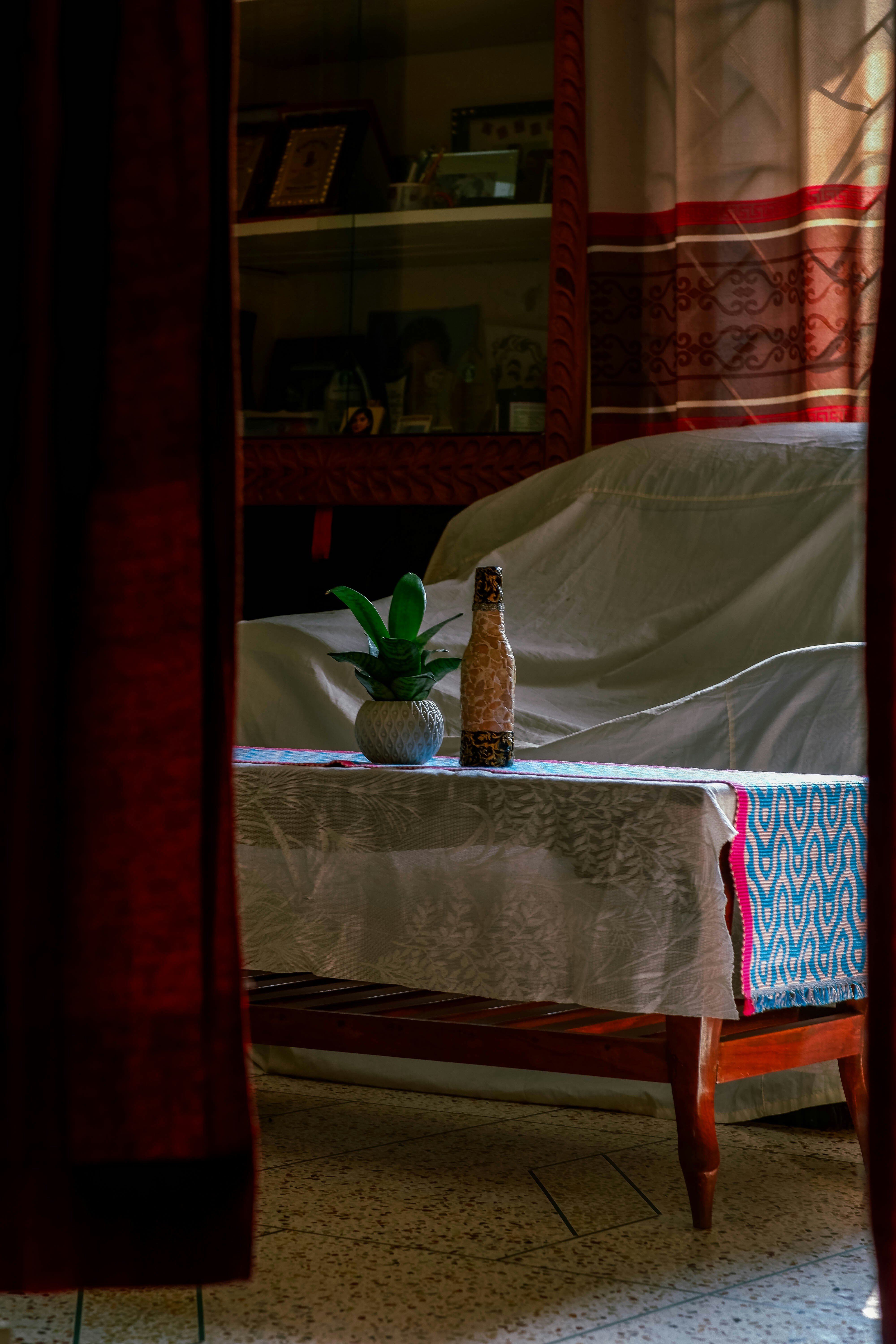 Tabletop Quiet: A Potted Plant and Bottle Centered under a Draped Sofa