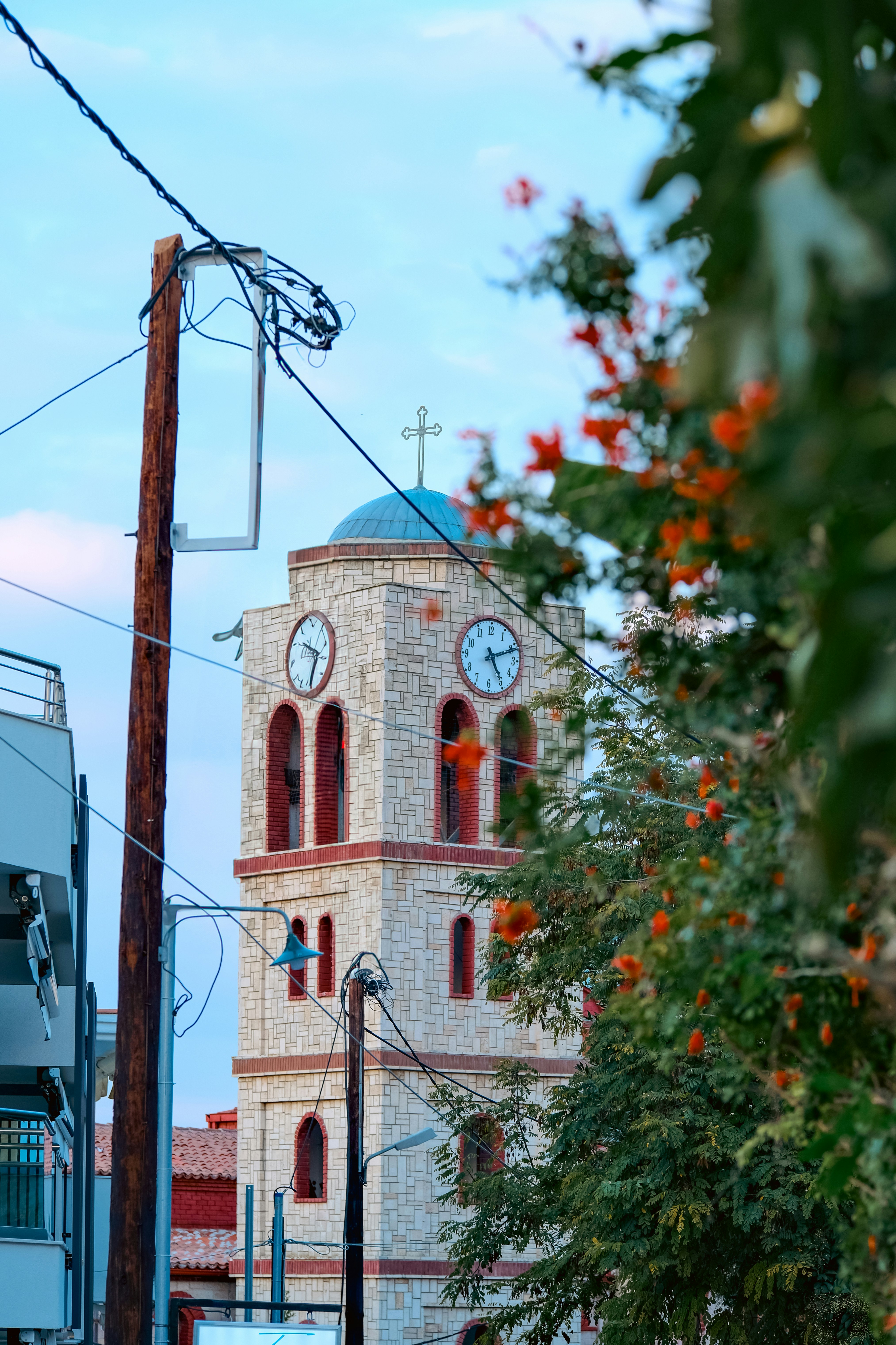 Clock Tower with Blue Dome Framed by Tree and Wires