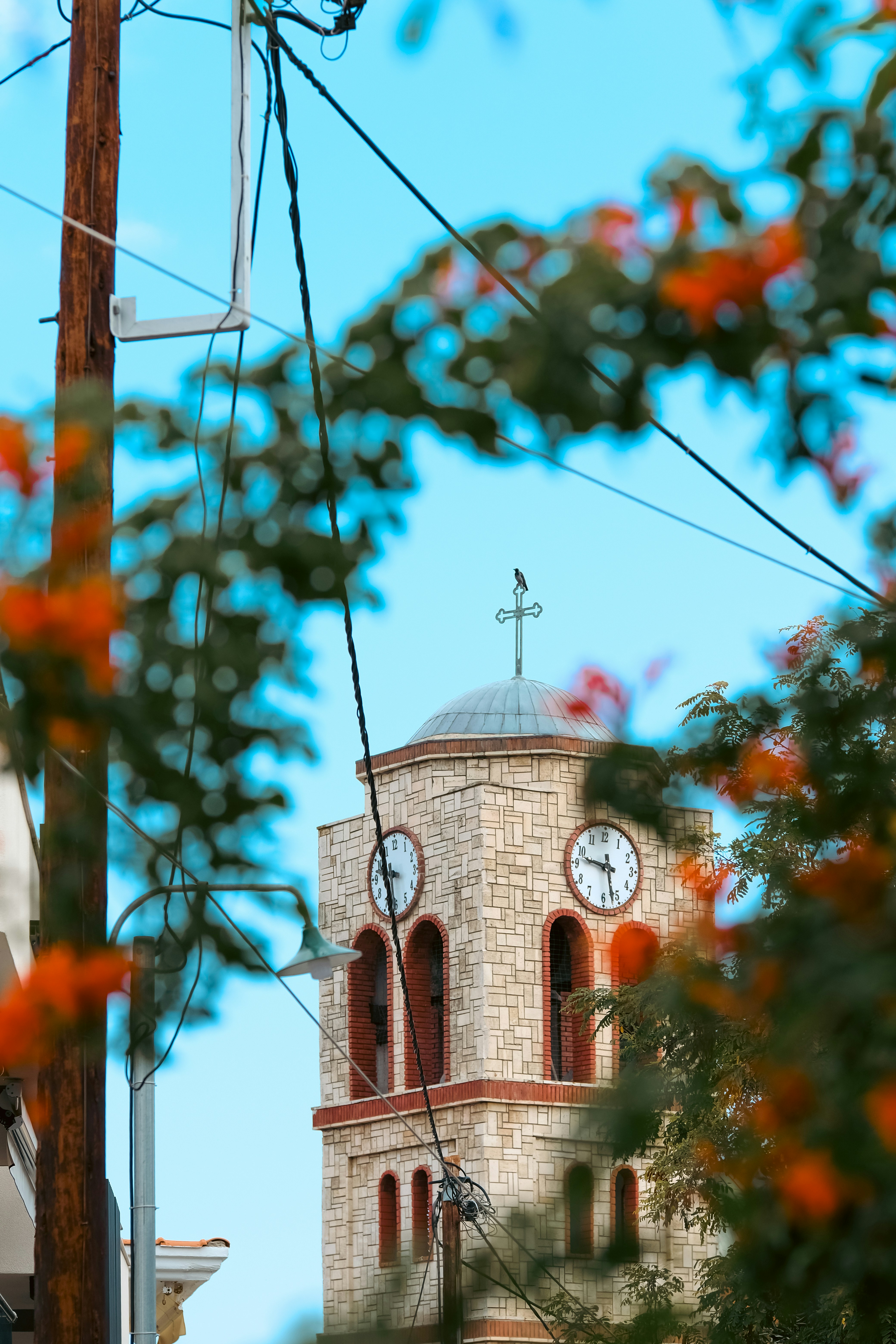 Clock Tower in a Sunlit Street Framed by Blooming Vines