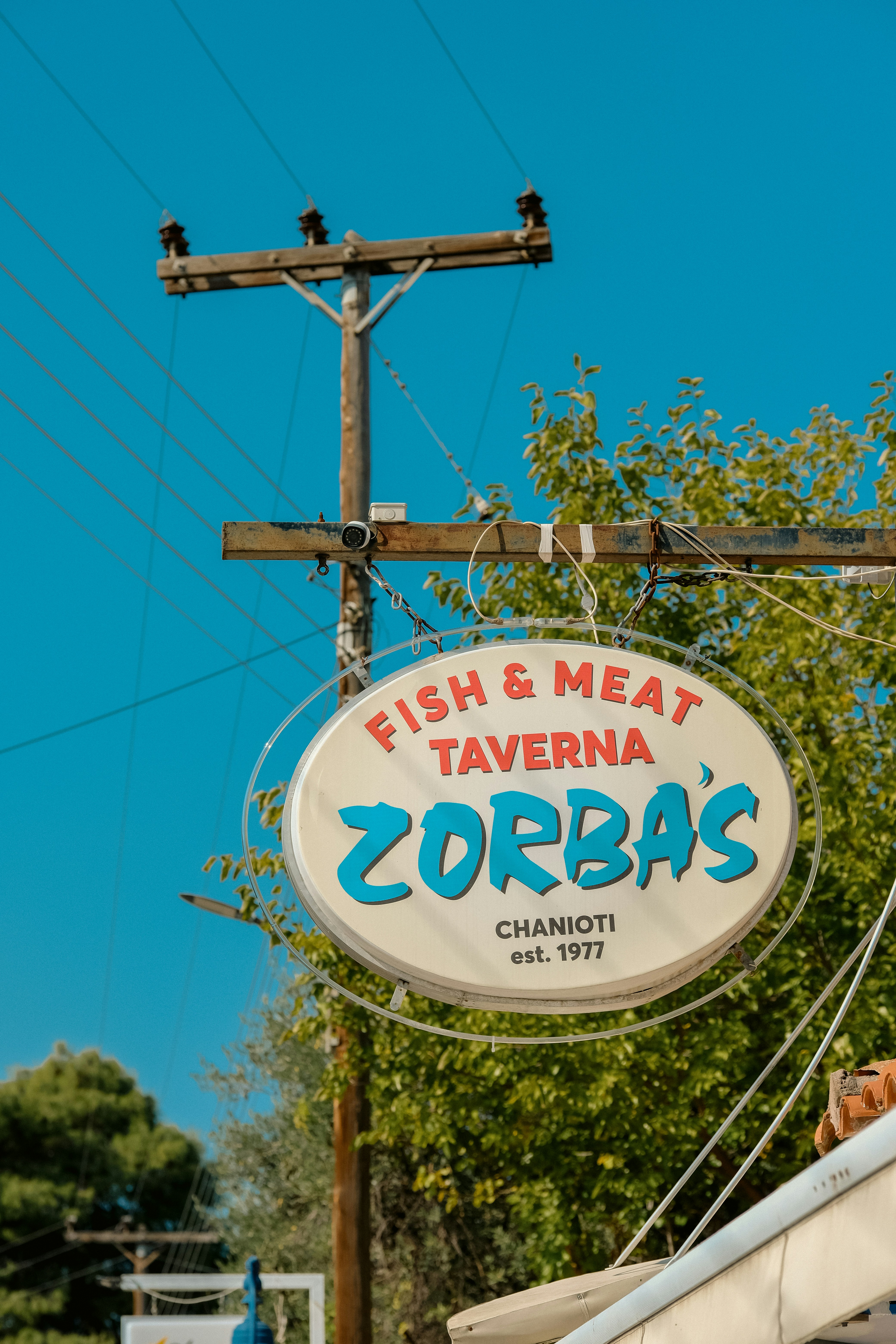 Zorba’s Fish & Meat Sign Against a Bright Blue Sky