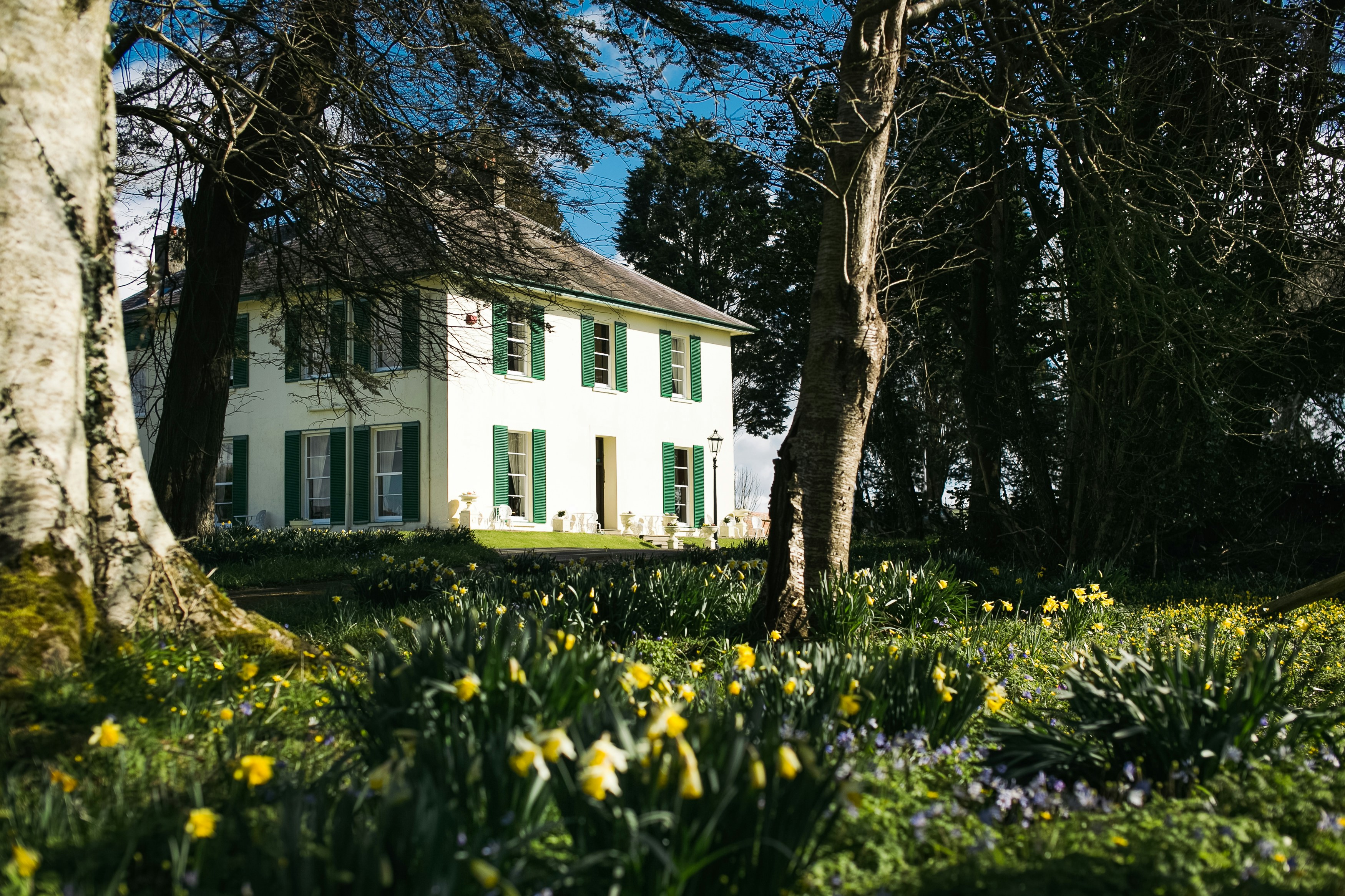 Sunlit White Farmhouse Quietly Framed by Spring Garden