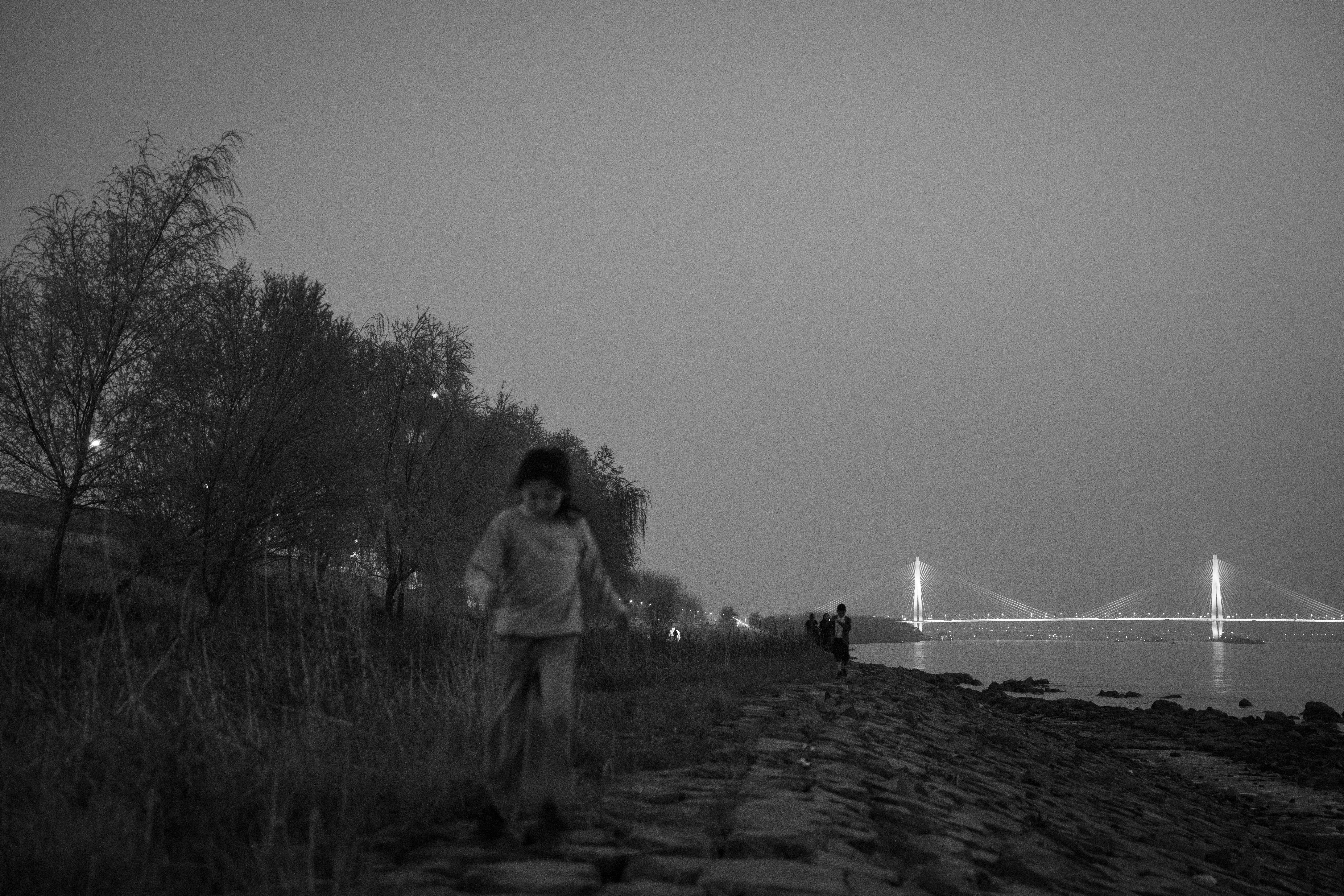 Runner on the Shoreline Under a Quiet Bridge