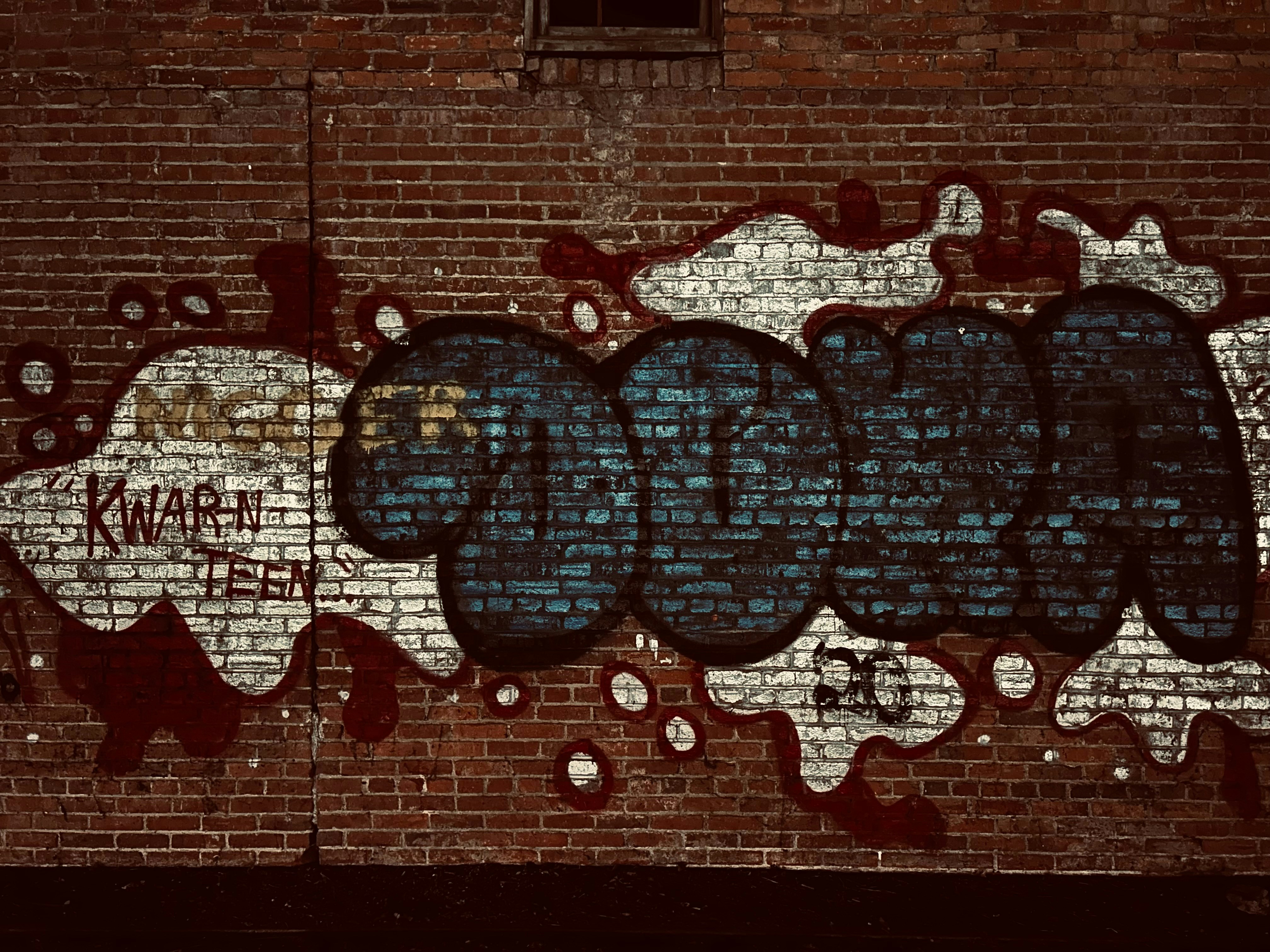 Brick Wall Graffiti: A Bold Blue Bubble Tag Across Weathered Red
