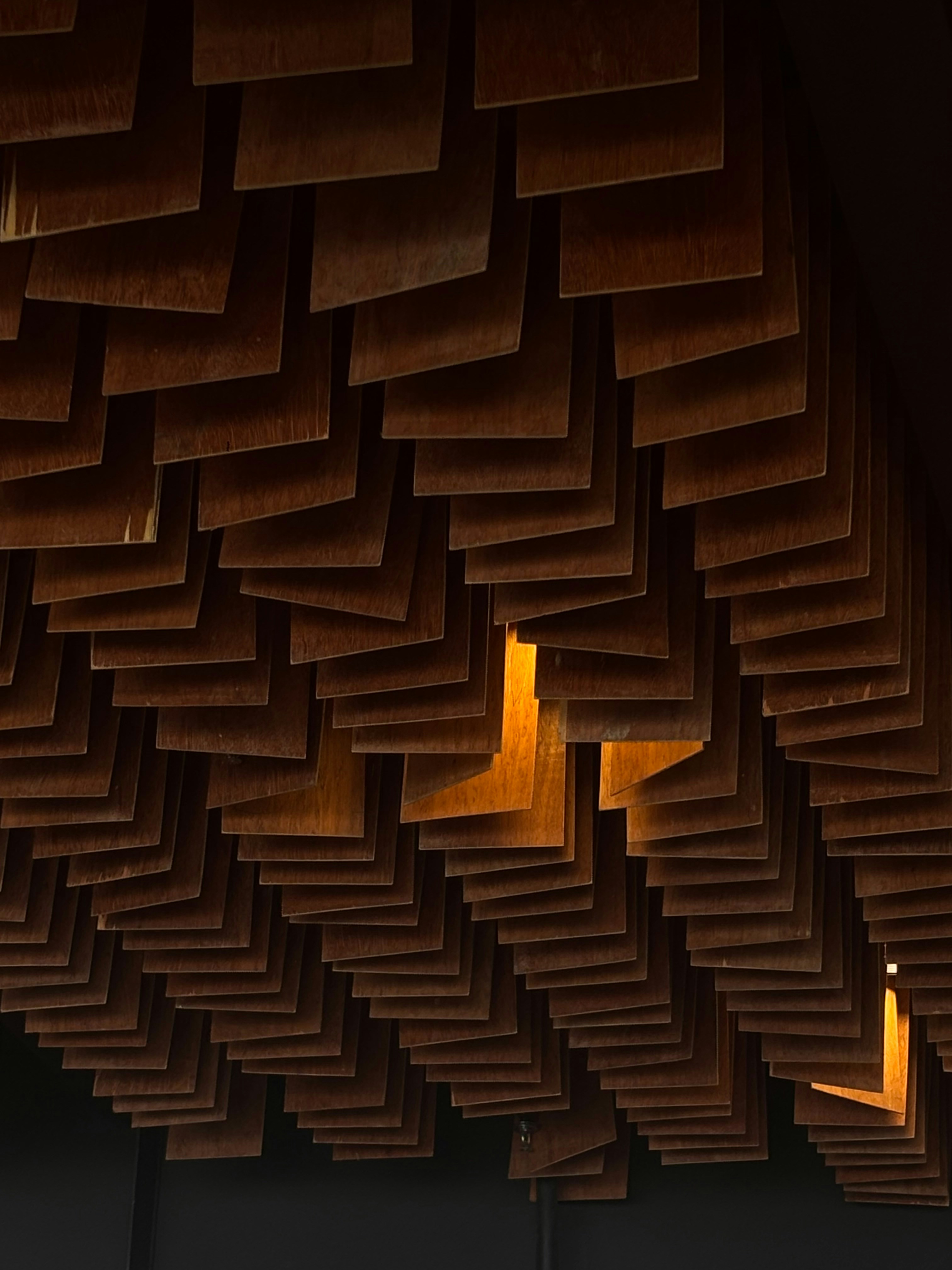 Descending Angles: A Warm Choir of Wooden Panels on the Ceiling