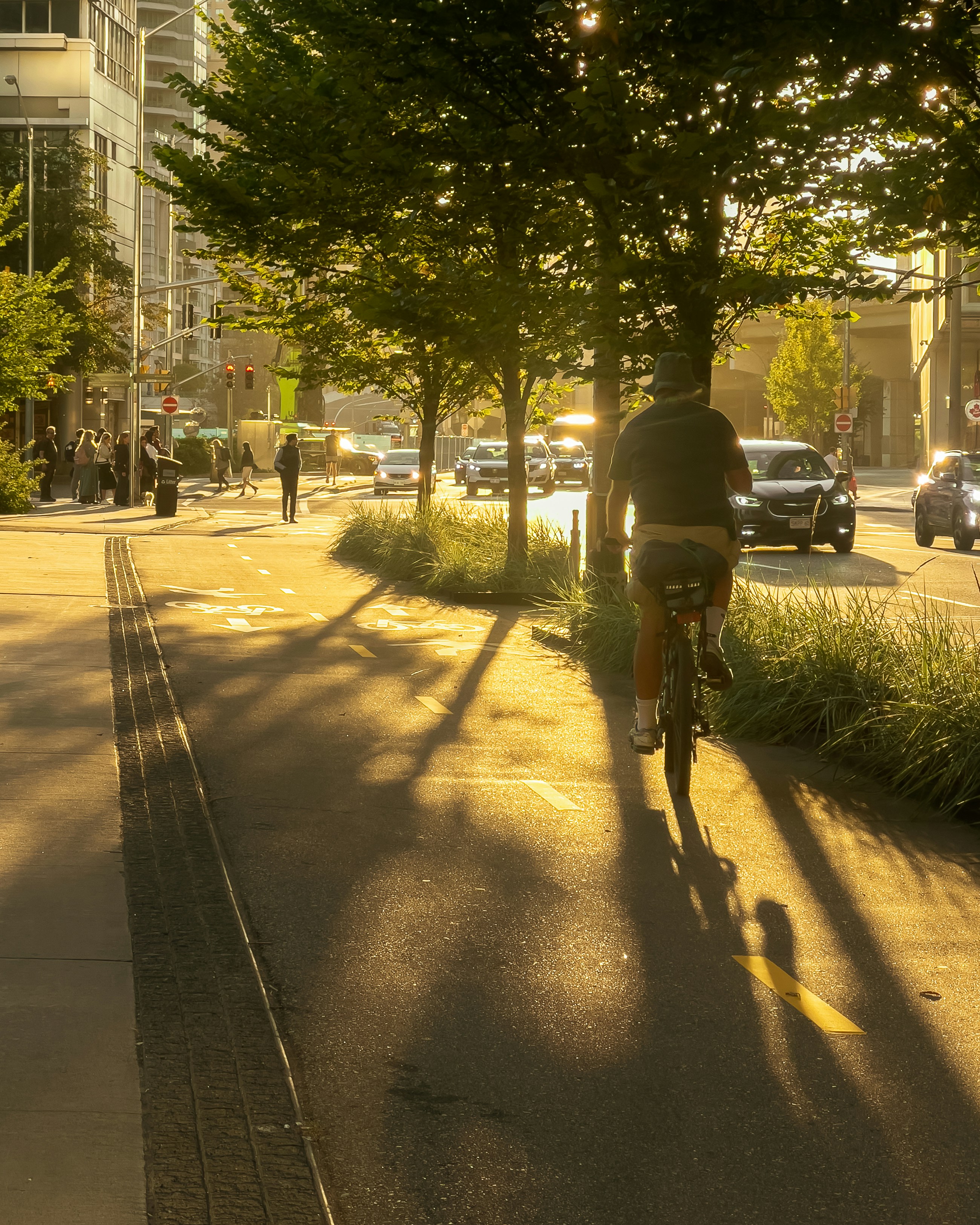 Sunlit Cyclist in a City Garden Corridor