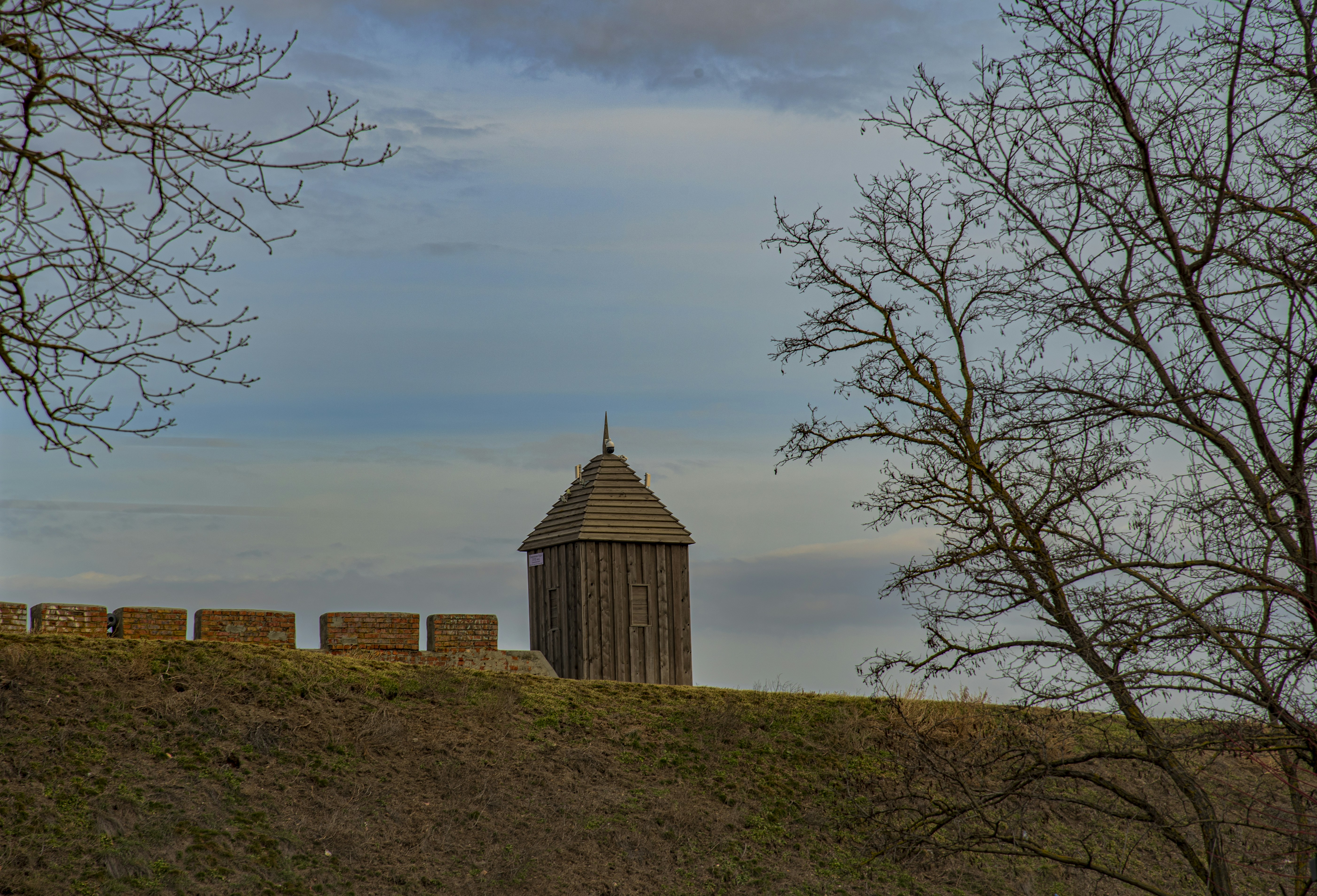 Guarded Overlook: A Wooden Turrret Beside a Carved Hill